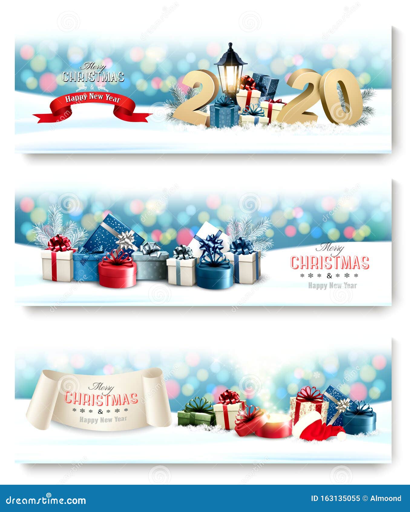 Three Holiday Christmas Banners with Presents, Magic Box and 2020 Stock ...