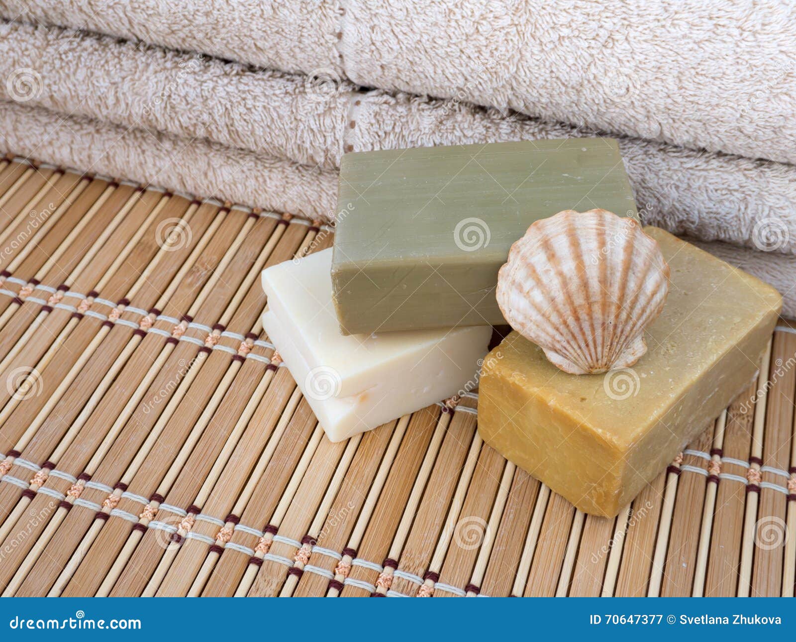 Three Homemade Soap Bars, Scallop Shell and Terry Towel Stock Image ...