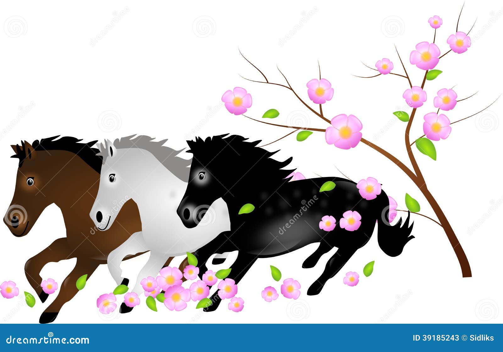 Three Horses Running in Falling Blooms of Tree Stock Illustration ...