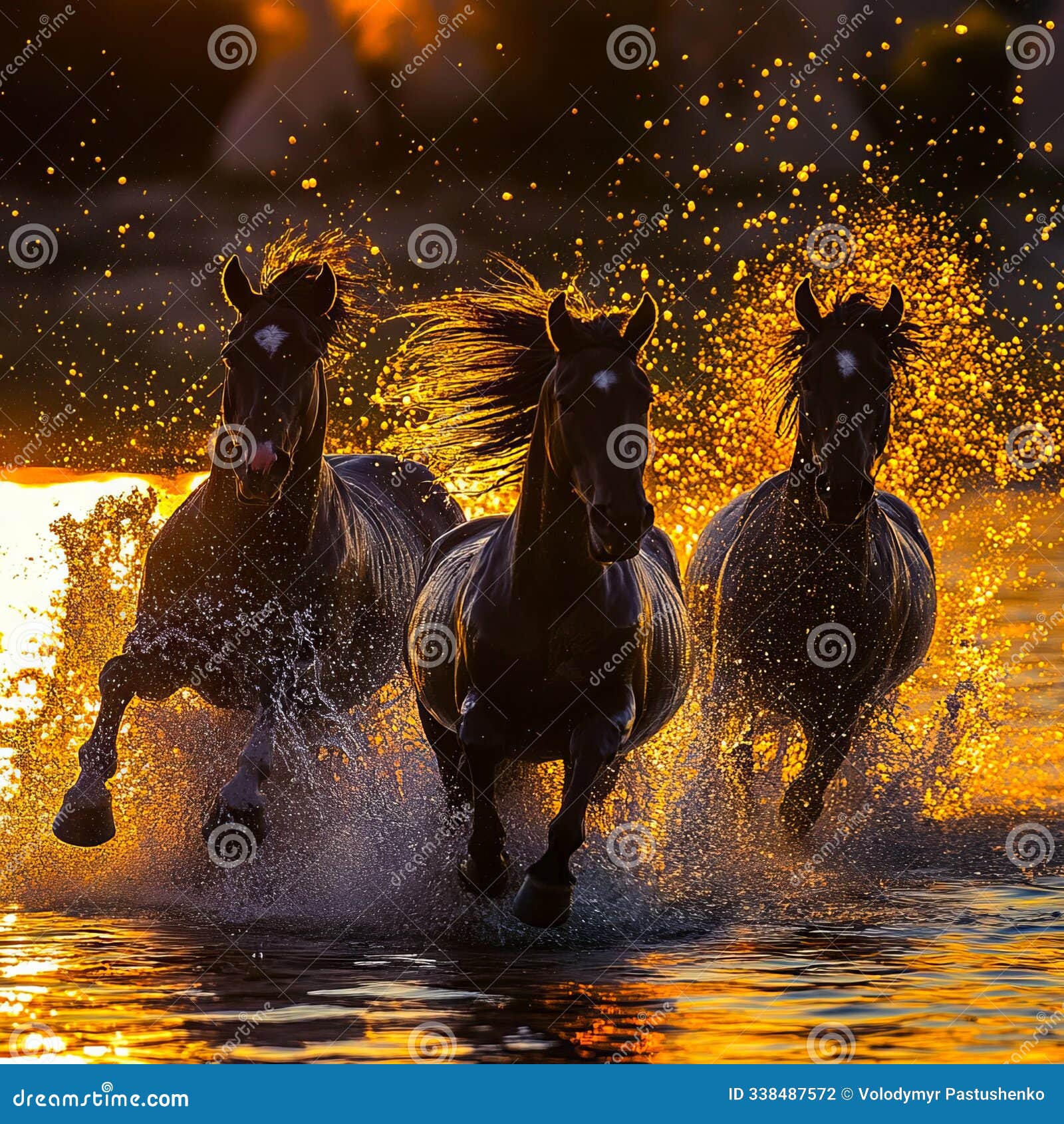 Three Horses Running through the Water at Sunset Stock Photo - Image of ...