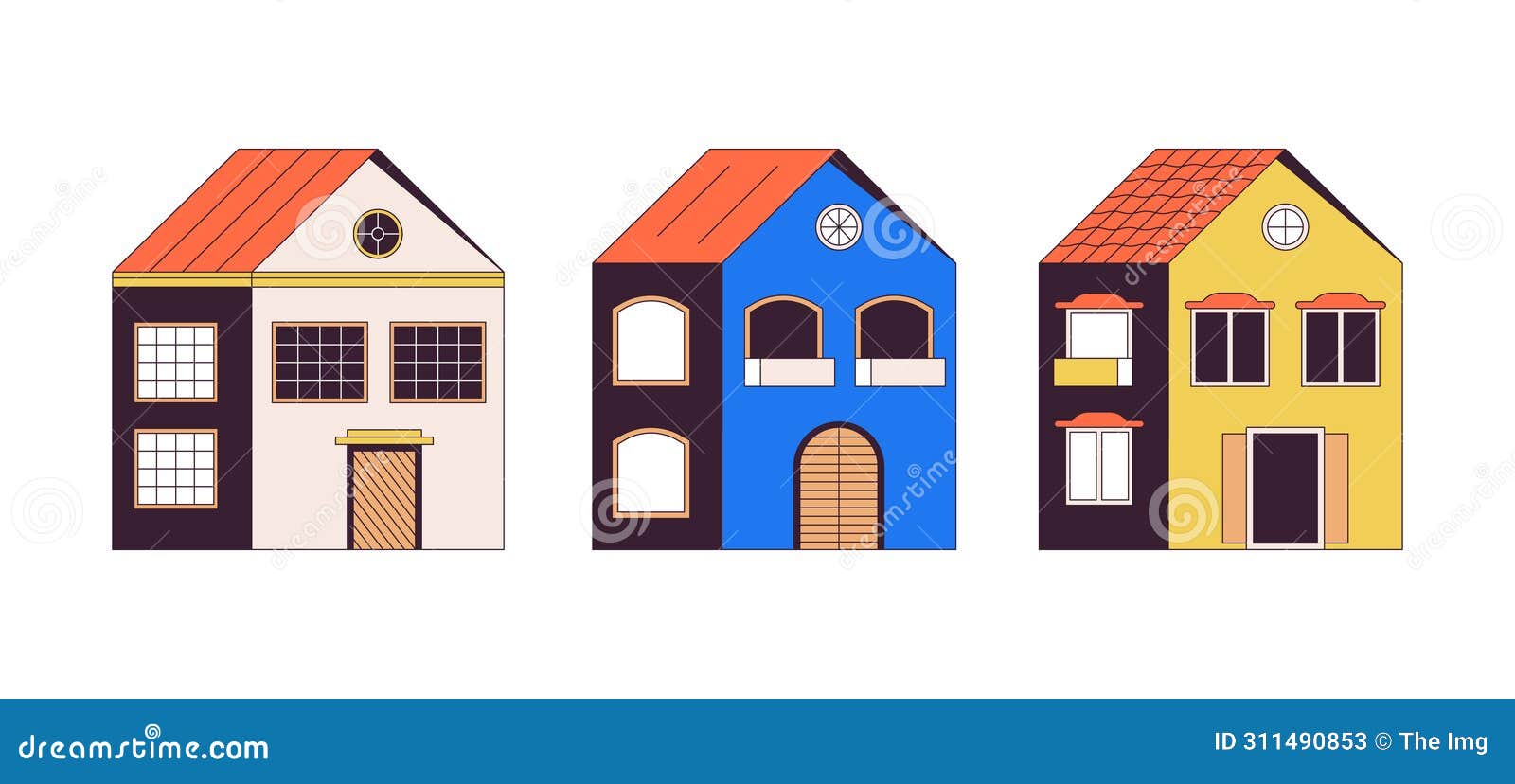 Three Houses Contemporary 2D Linear Cartoon Objects Set Stock ...