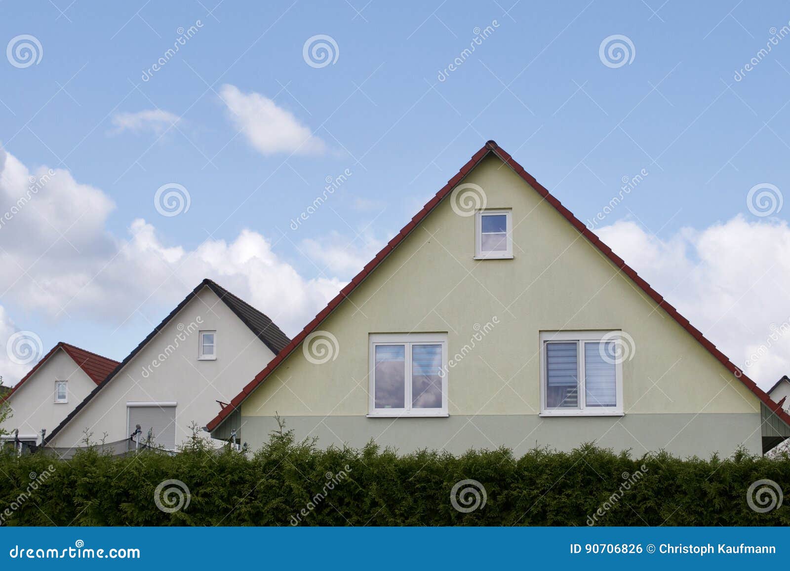 Three Houses with Pitched Roofs Stock Photo - Image of closeup, facade ...