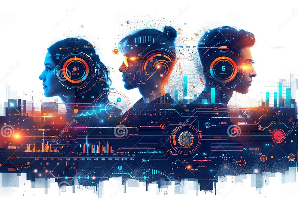 Three Human Profiles with Digital and Futuristic Elements, Symbolizing ...