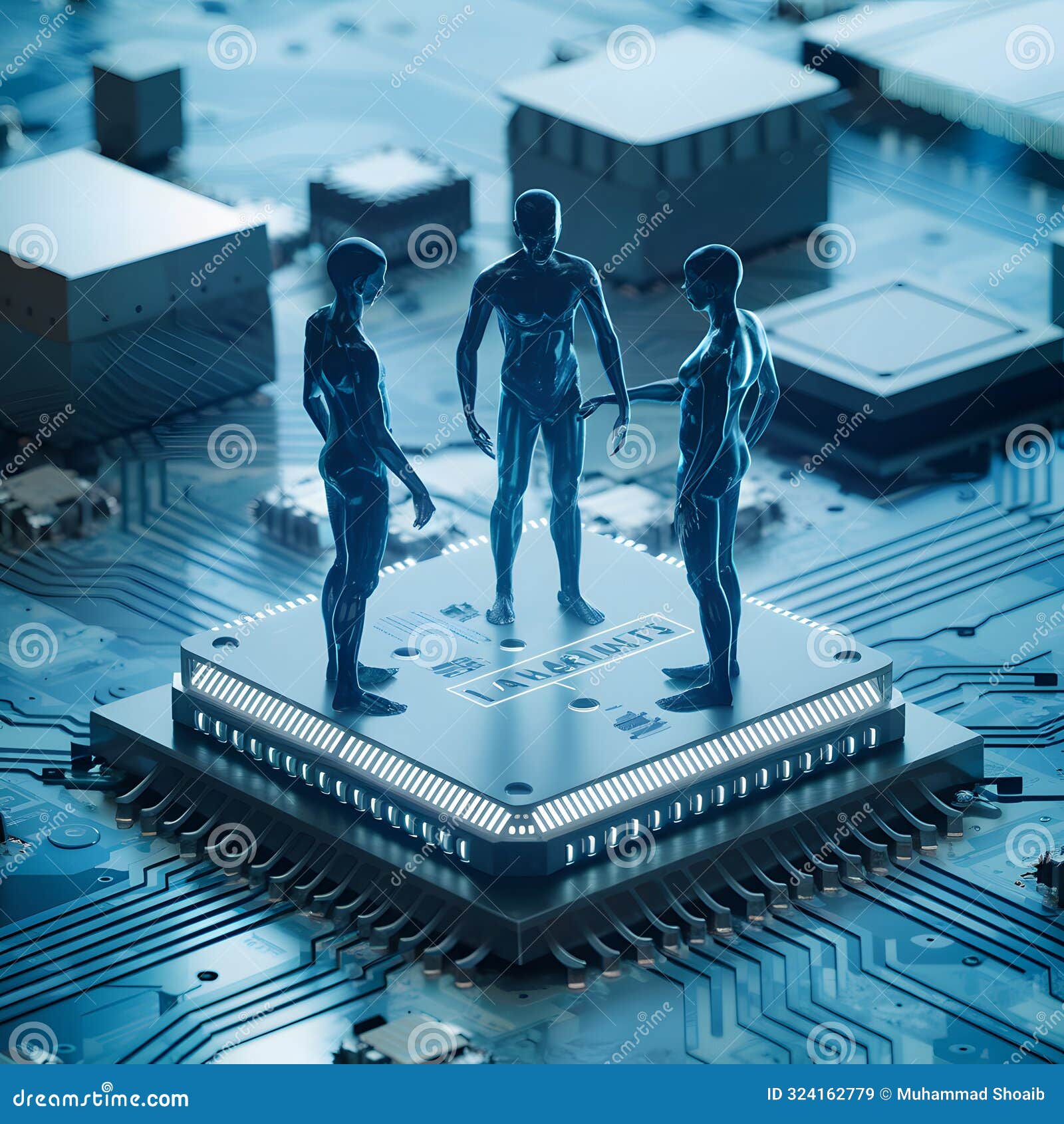 Three Humanoid Figures on High Tech Platform, Circuit Board Background ...