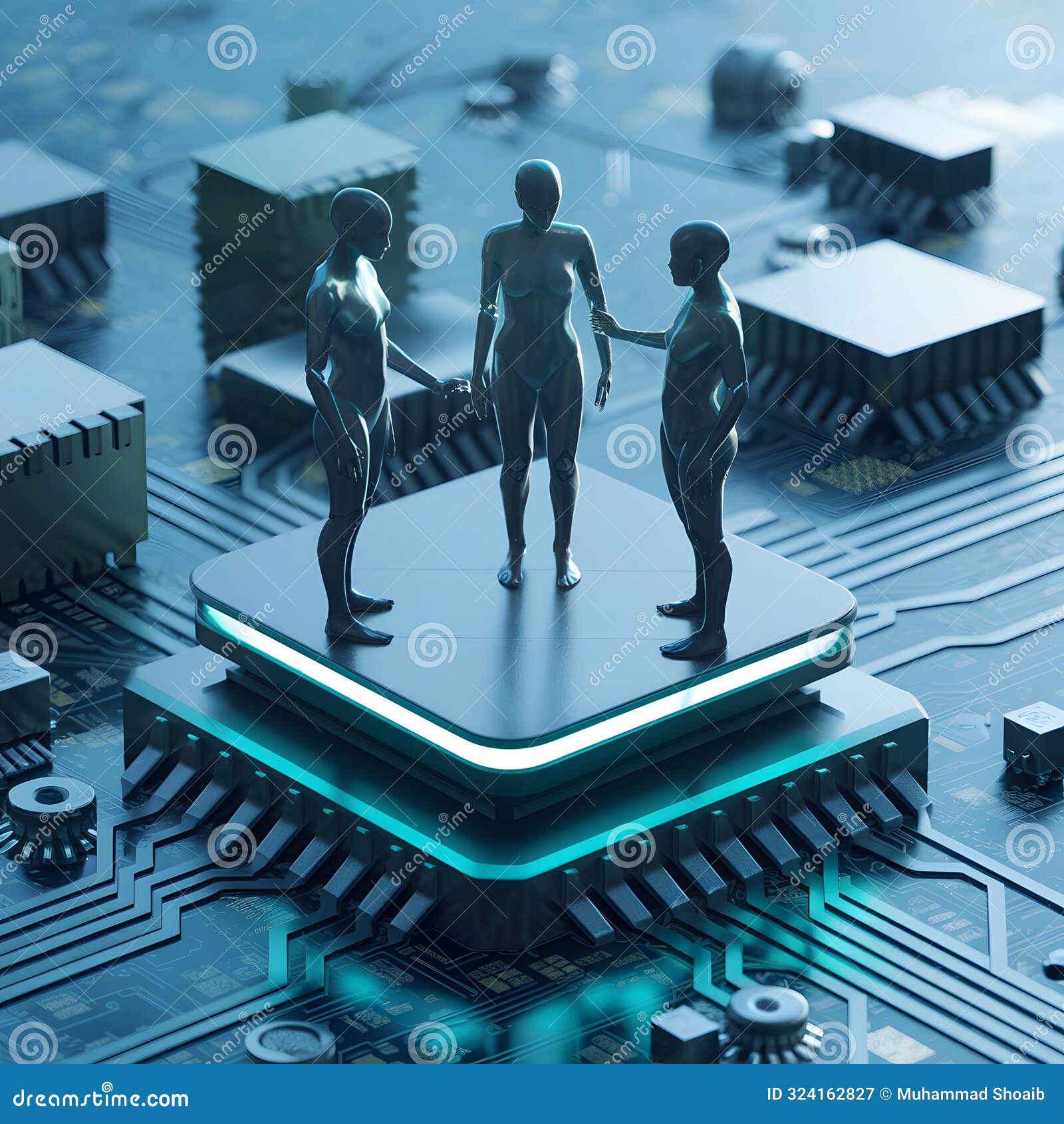 Three Humanoid Figures on High Tech Platform, Circuit Board Background ...