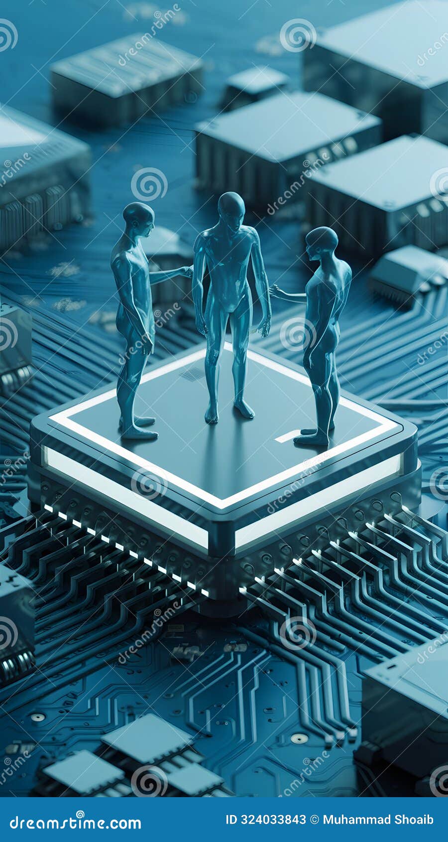 Three Humanoid Figures on High Tech Platform, Circuit Board Background ...