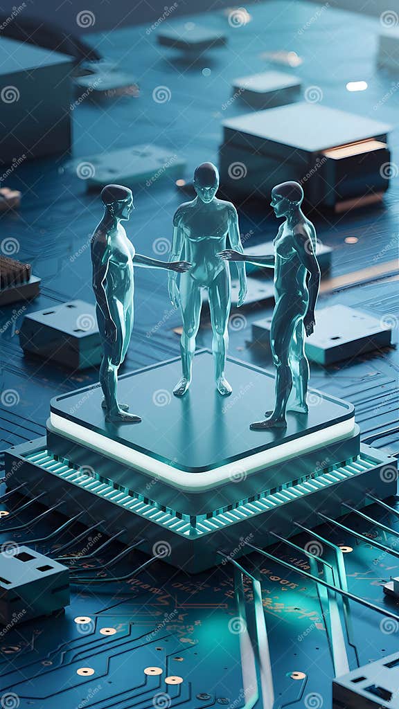 Three Humanoid Figures on High Tech Platform, Circuit Board Background ...