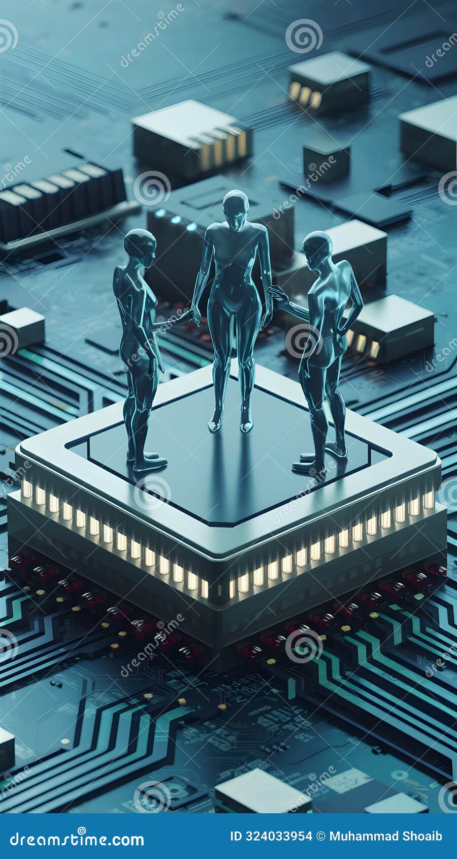 Three Humanoid Figures on High Tech Platform, Circuit Board Background ...