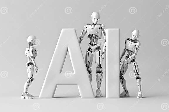 Three Humanoid Robots Standing By The Letters Ai Artificial
