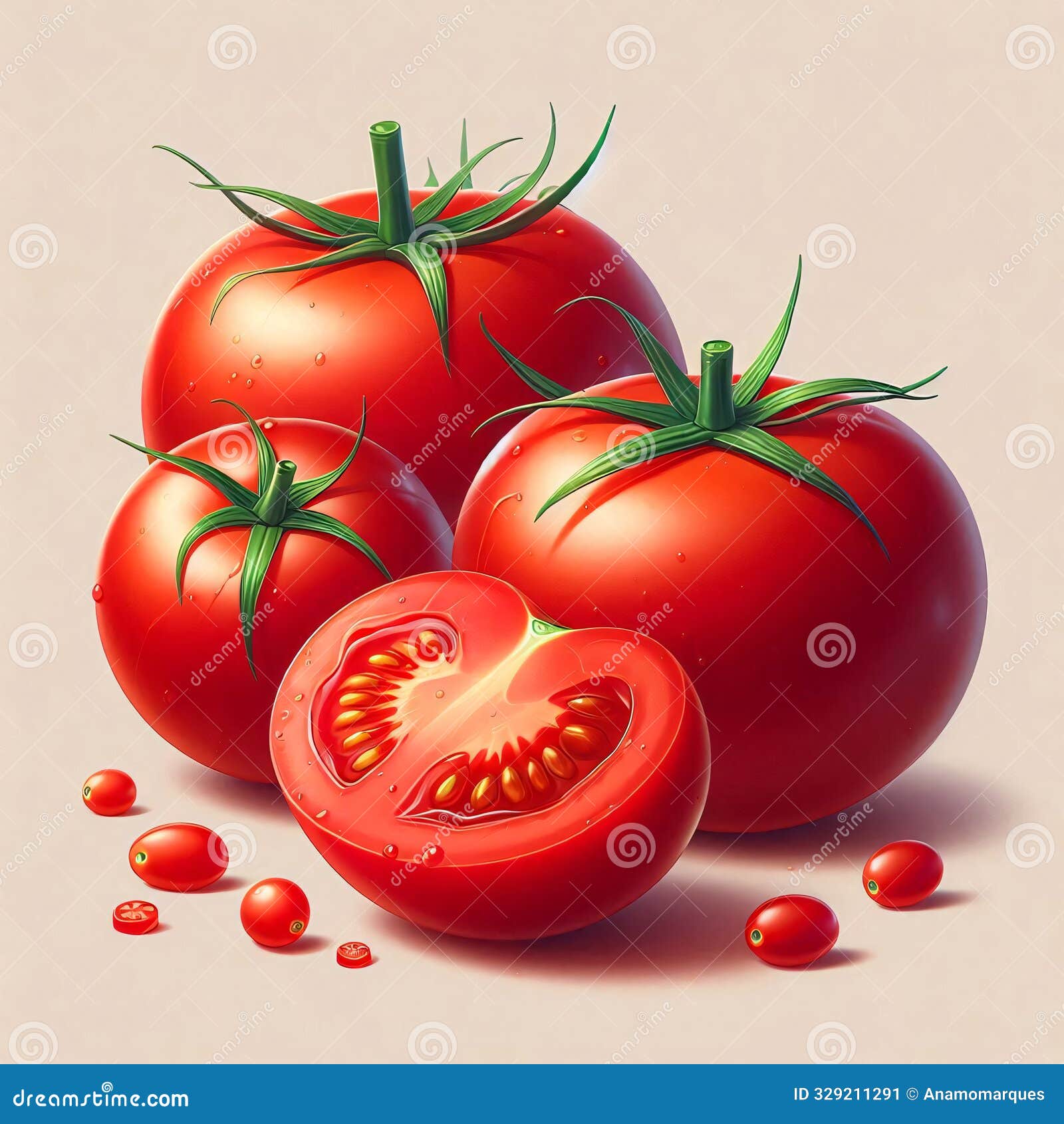Three Hyper-realistic Tomatoes with One Sliced, Showcasing Seeds ...