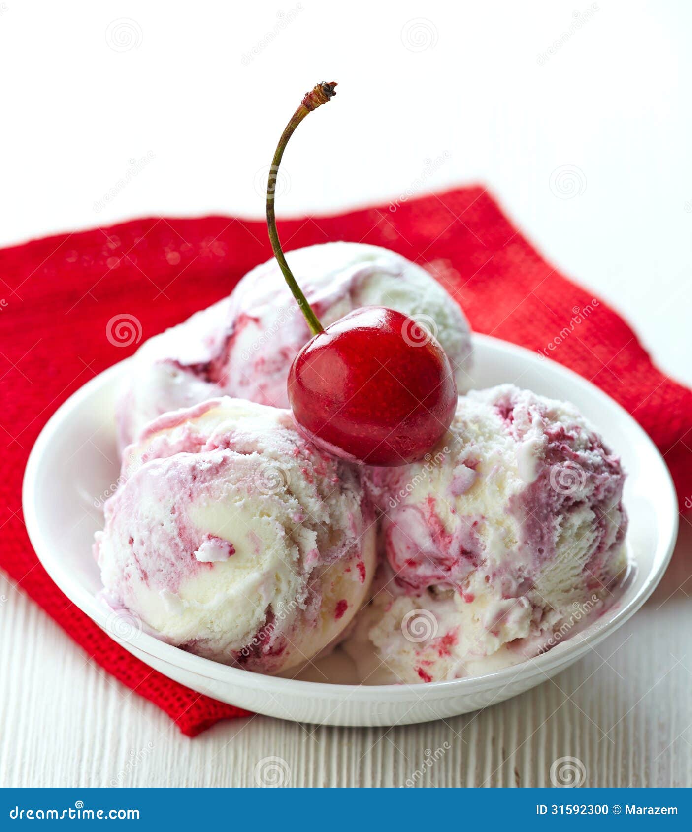 Three Ice Cream Balls with Cherry Stock Photo - Image of milk, pieces ...