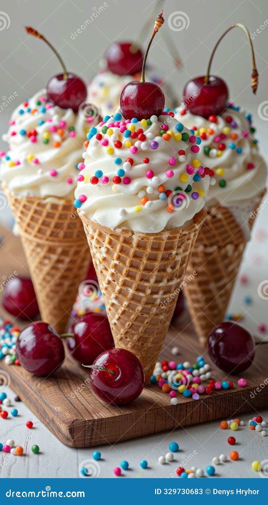 Three Ice Cream Cones Topped with Cherries and Sprinkles Stock Image ...