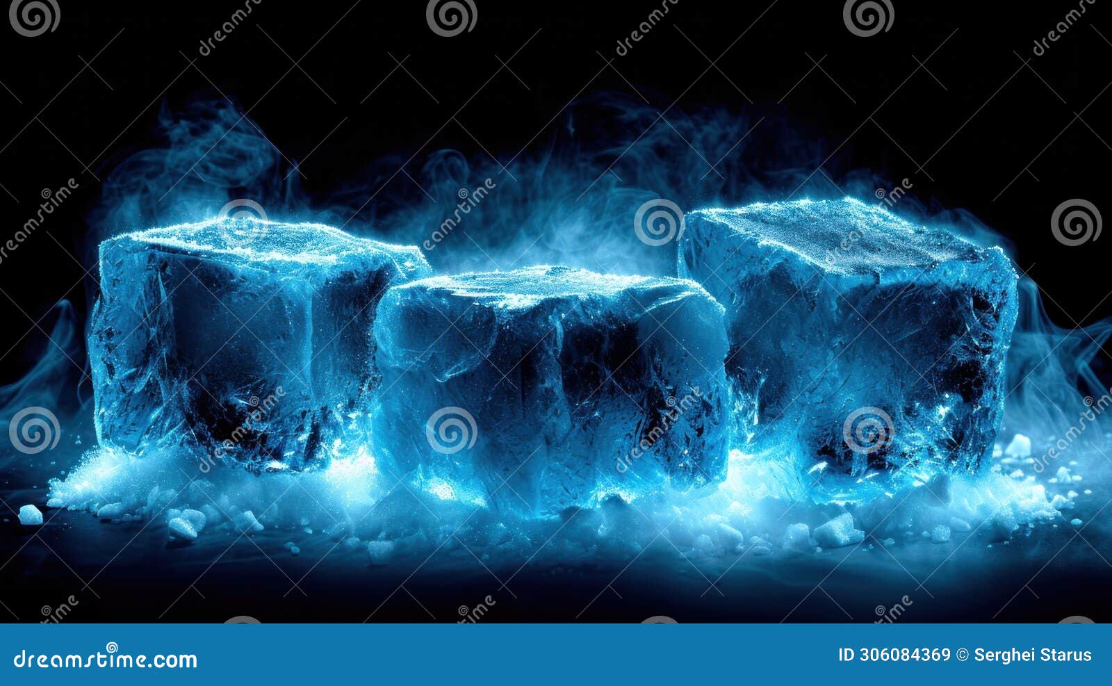 Three Ice Cubes are Glowing with Blue Flames in the Dark, AI Stock ...
