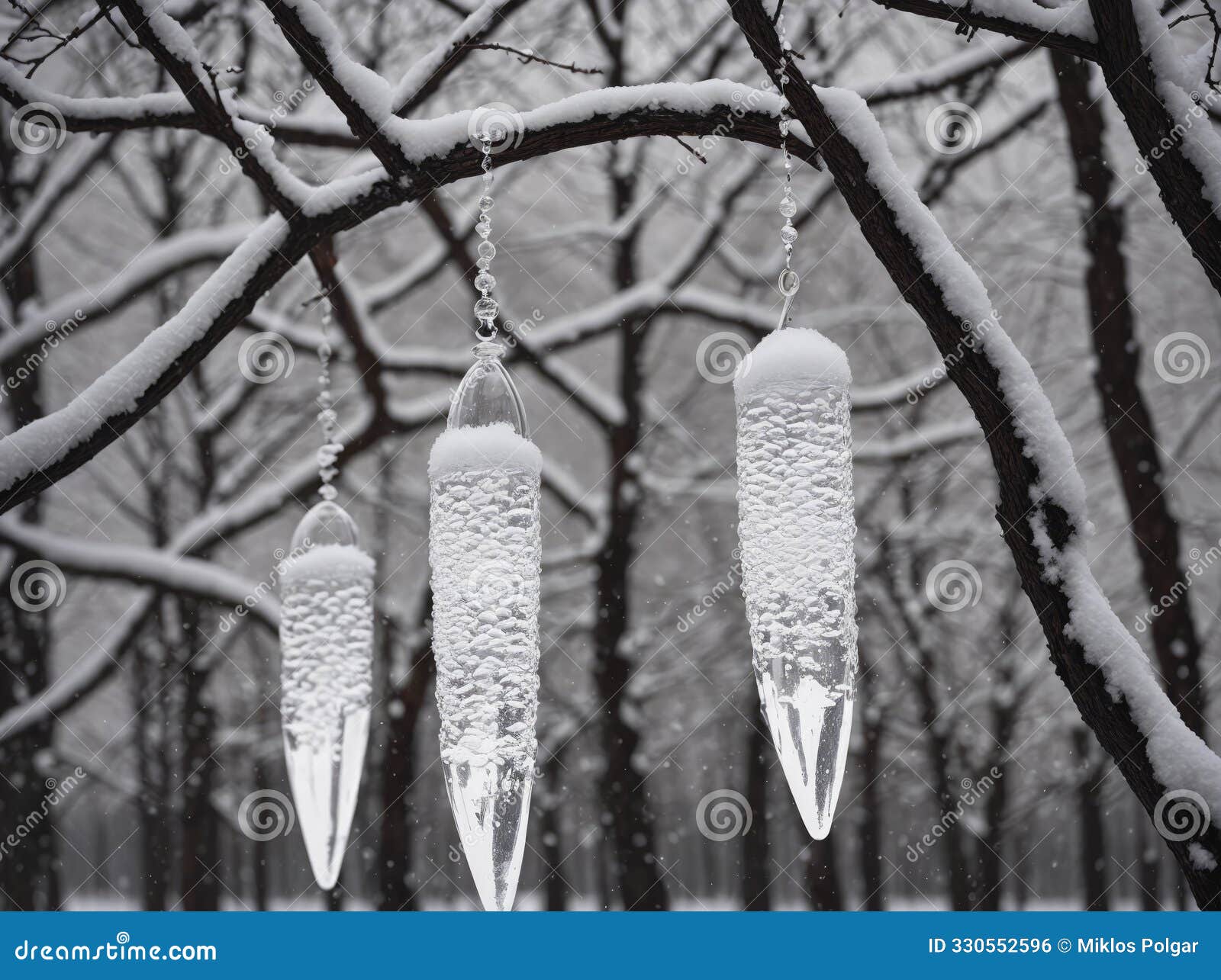 Three Icicles Hanging from a Tree Branch Stock Photo - Image of water ...