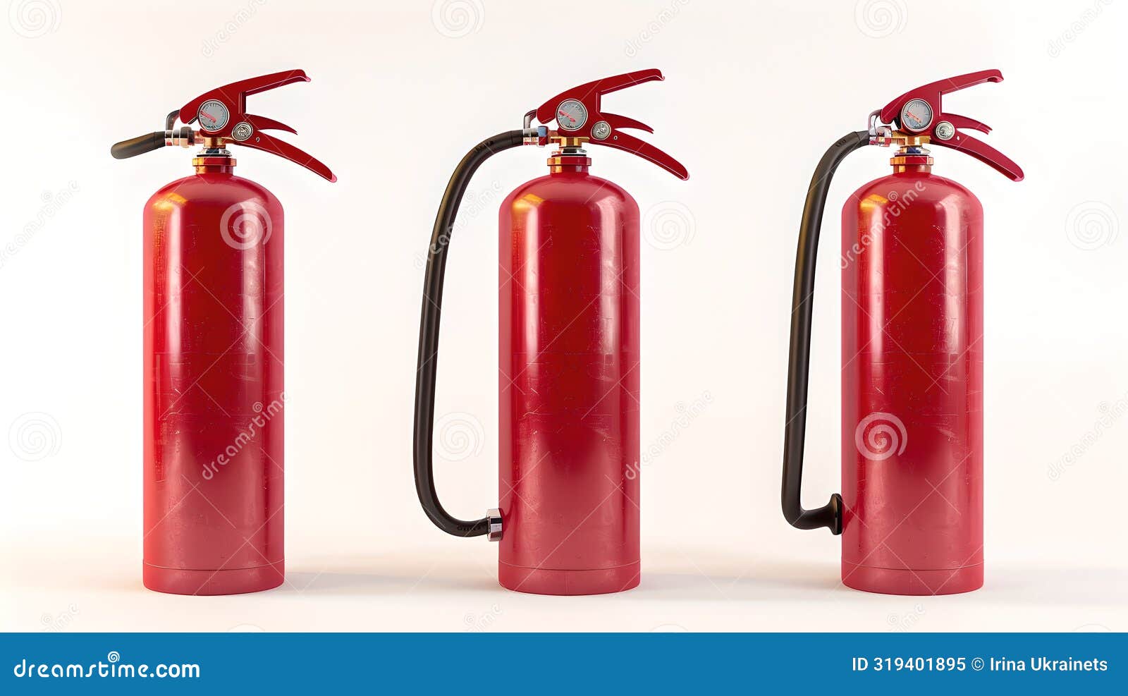 Three Red Fire Extinguishers Standing Side by Side. Modern Design with ...