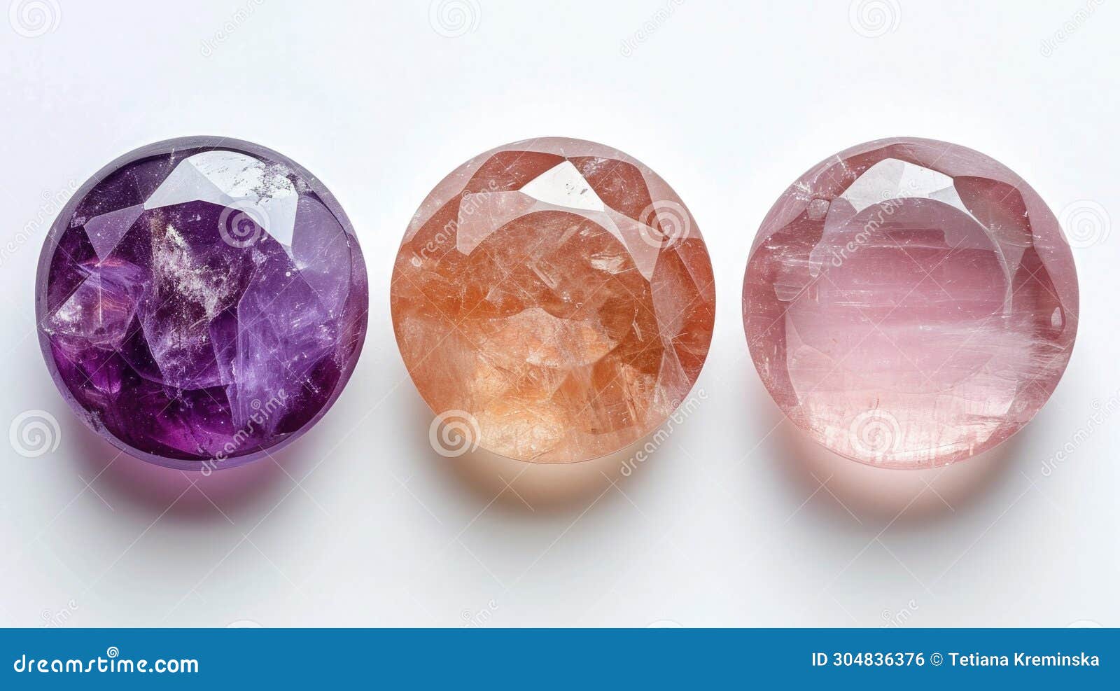 Three Identical-sized Gemstones, Amethyst, Rose Quartz, and Moonstone ...