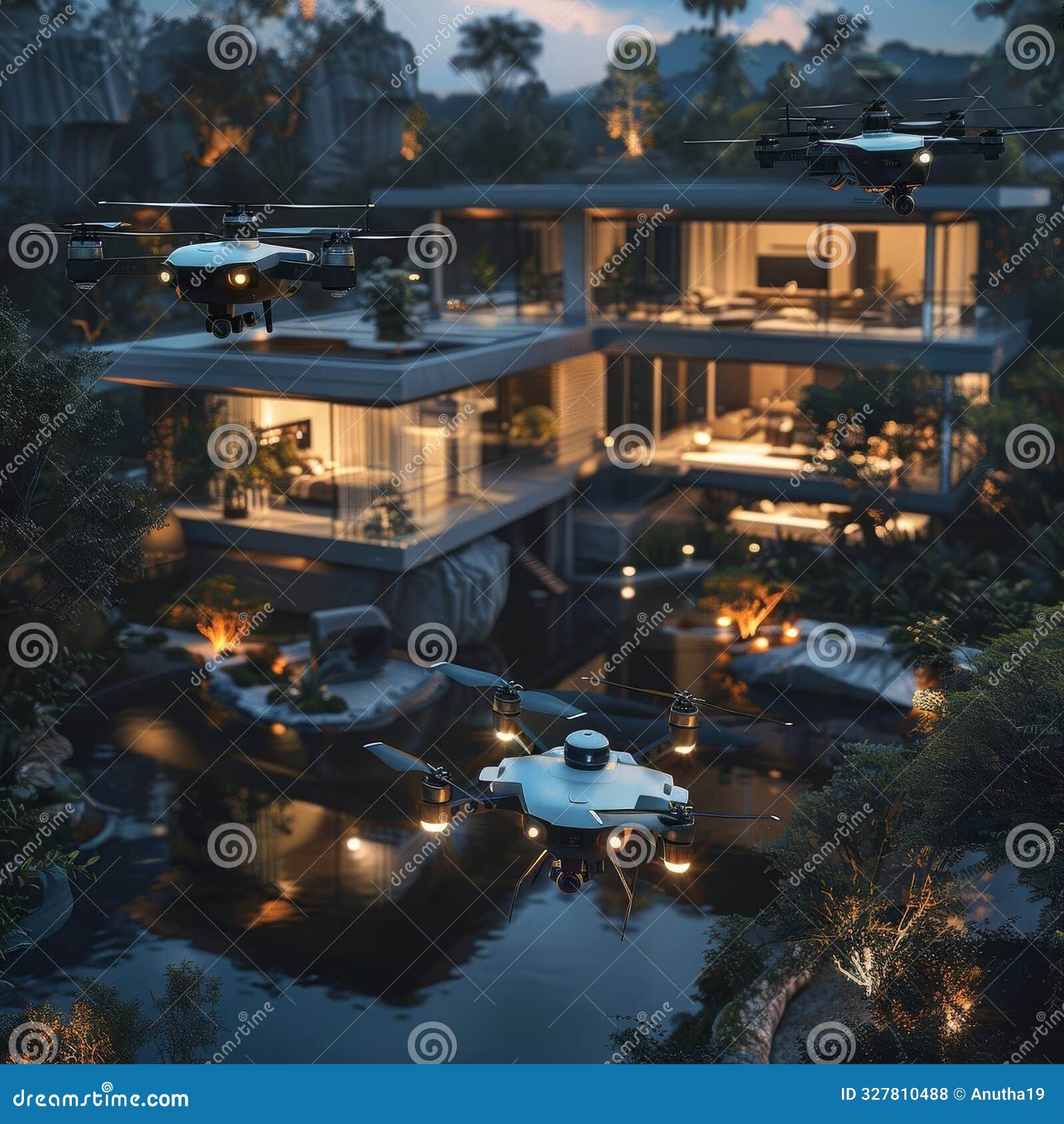 Three Illuminated Drones Hover Over a Modern, Luxurious Home Surrounded ...