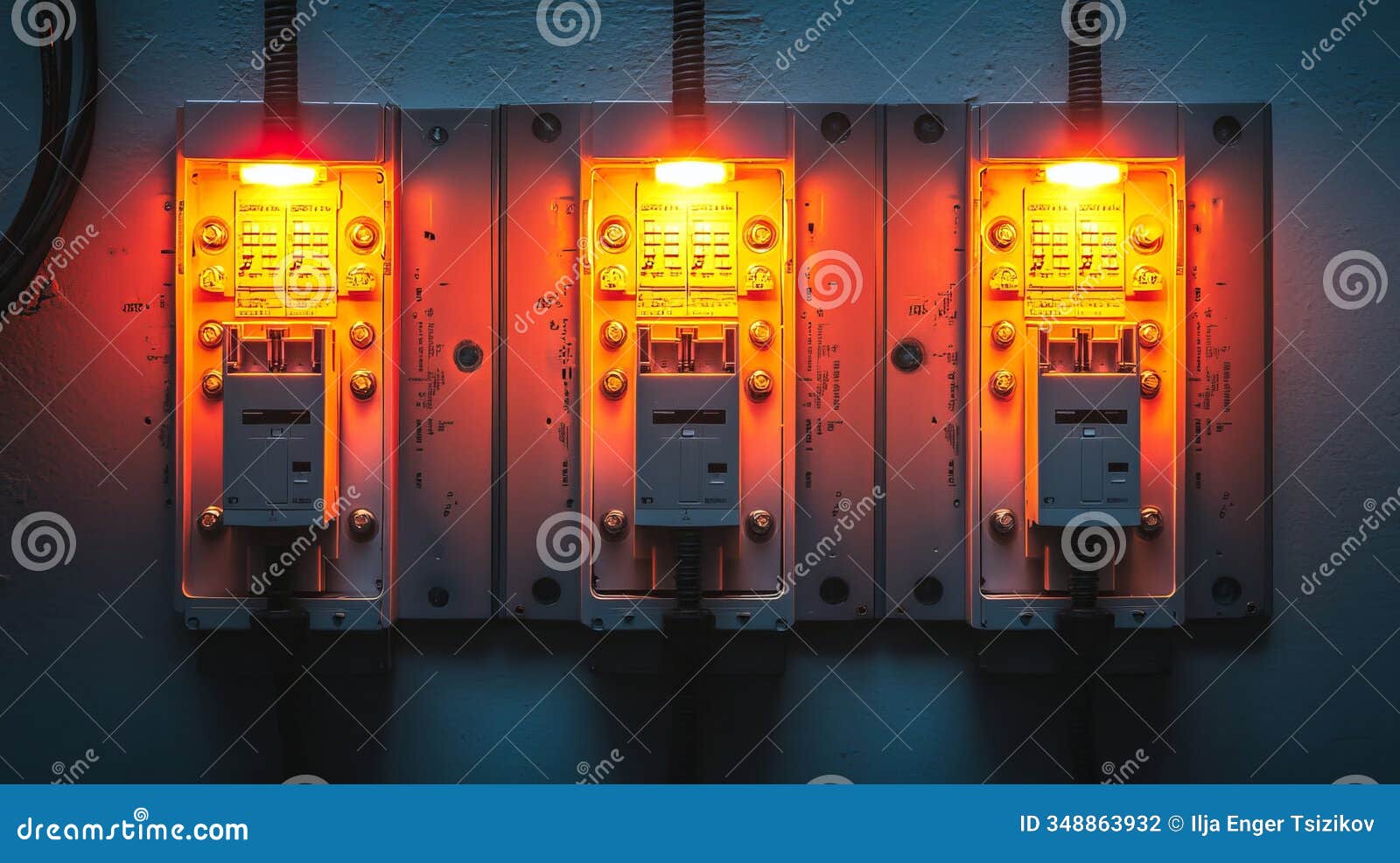Three Illuminated Electrical Panels with Circuit Breakers and Wires ...