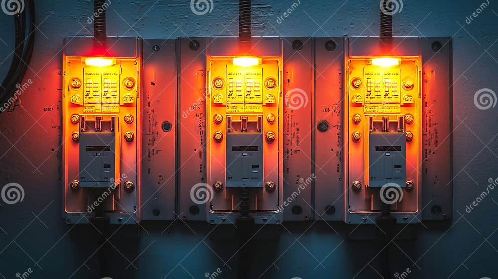 Three Illuminated Electrical Panels with Circuit Breakers and Wires ...