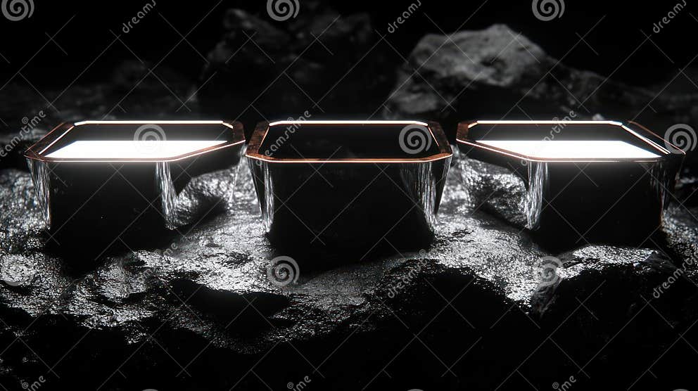 Three Illuminated Rectangular Objects on a Textured Dark Surface Stock ...