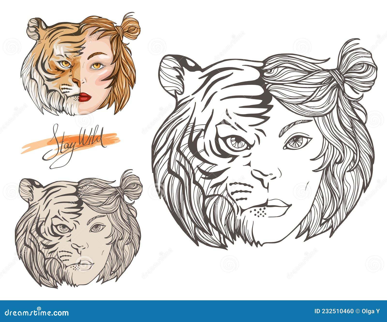Three Images of a Half Women Half Tiger Stock Vector - Illustration of ...