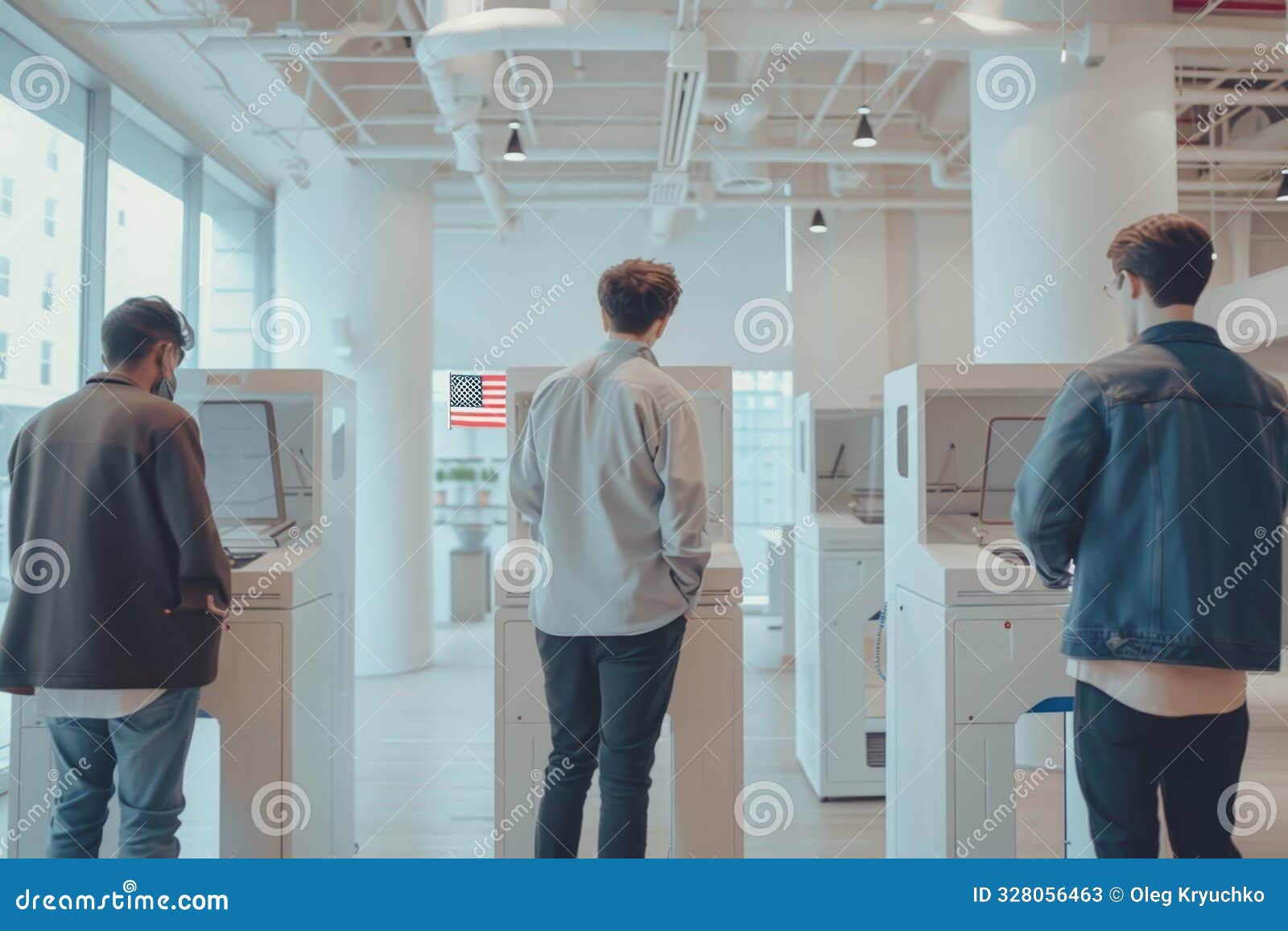 Three People in a Modern Office Stand at Interactive Kiosks. Light and ...