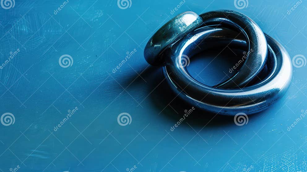 Three Interlocking Metal Rings on a Blue Surface Stock Photo - Image of ...