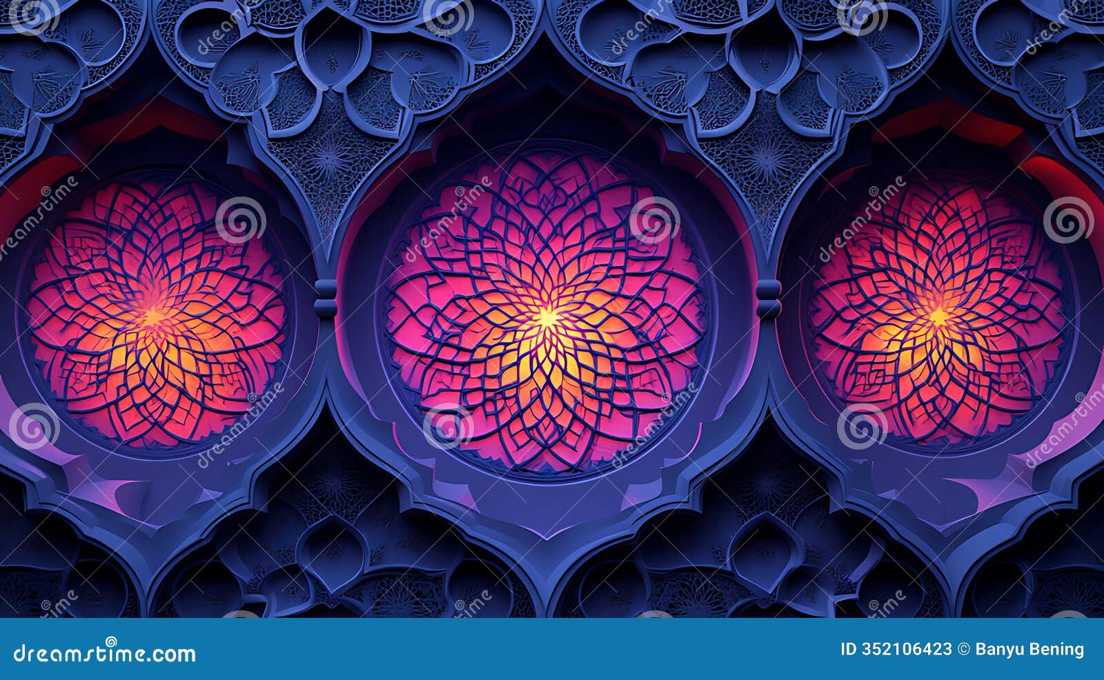 Three Intricate Circular Windows with Glowing Geometric Designs in a ...