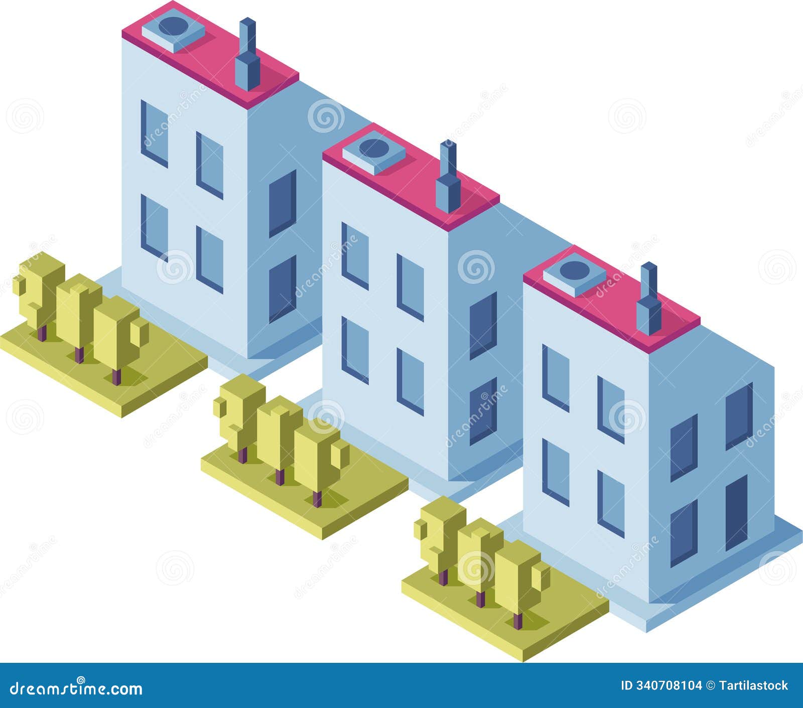 Three Isometric Buildings with Trees are Forming a Row on a Light ...