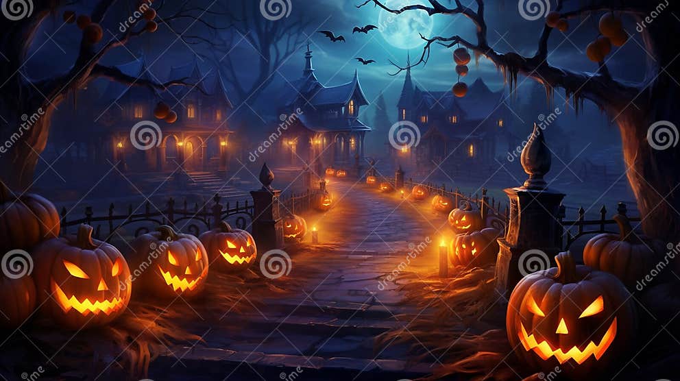Three Jack O Lantern at Dark Stock Illustration - Illustration of ...