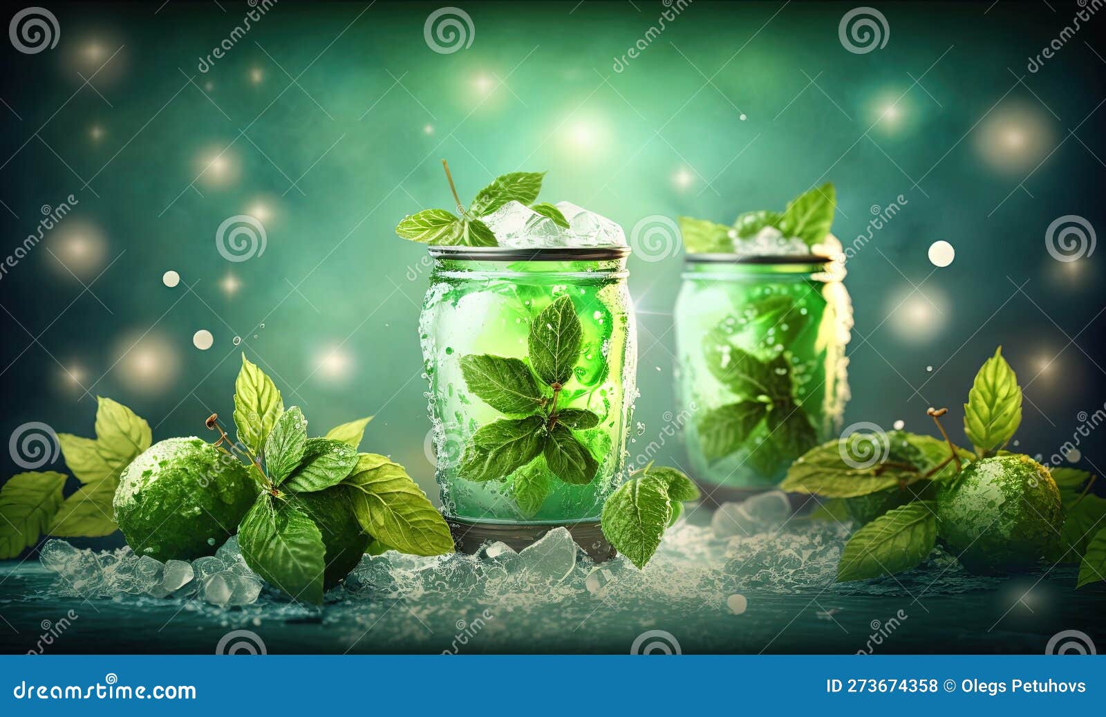 Three Jars Filled with Green Liquid and Mint Leaves on a Table Stock ...