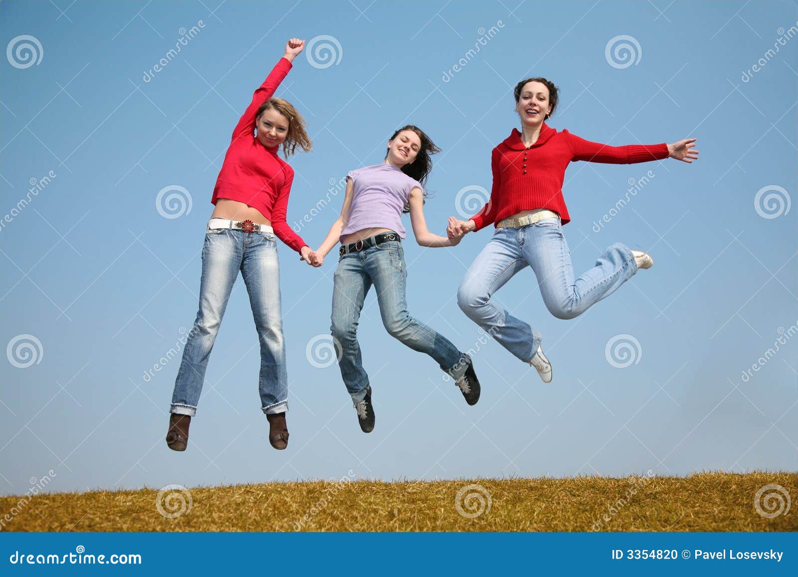 Three jumping girls stock photo. Image of mate, nature - 3354820