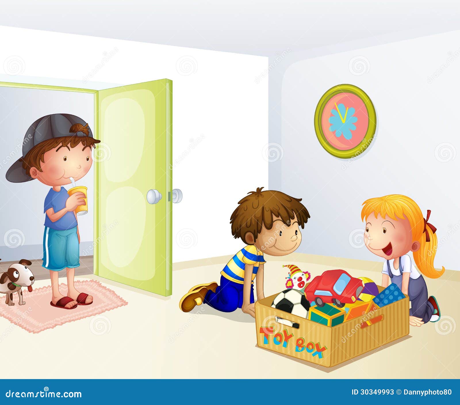 Three Kids Inside the House with a Box of Toys Stock Vector ...