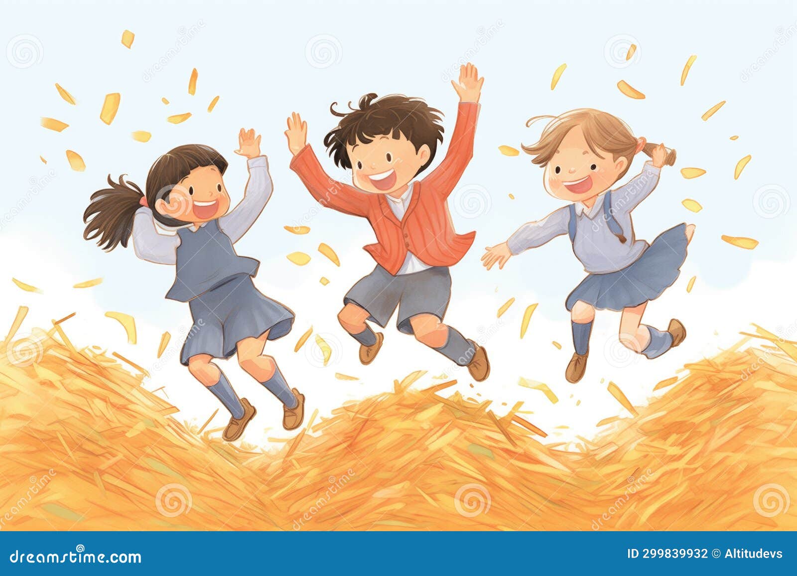 Three Kids Jumping in Piles of Hay Stock Photo - Image of outdoor ...