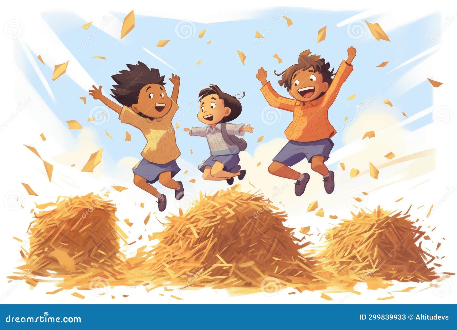 Three Kids Jumping in Piles of Hay Stock Image - Image of rural, kids ...