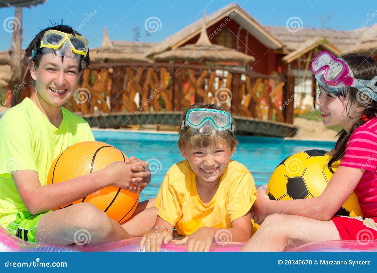 Three kids in the pool stock photo. Image of female, smile - 20340670