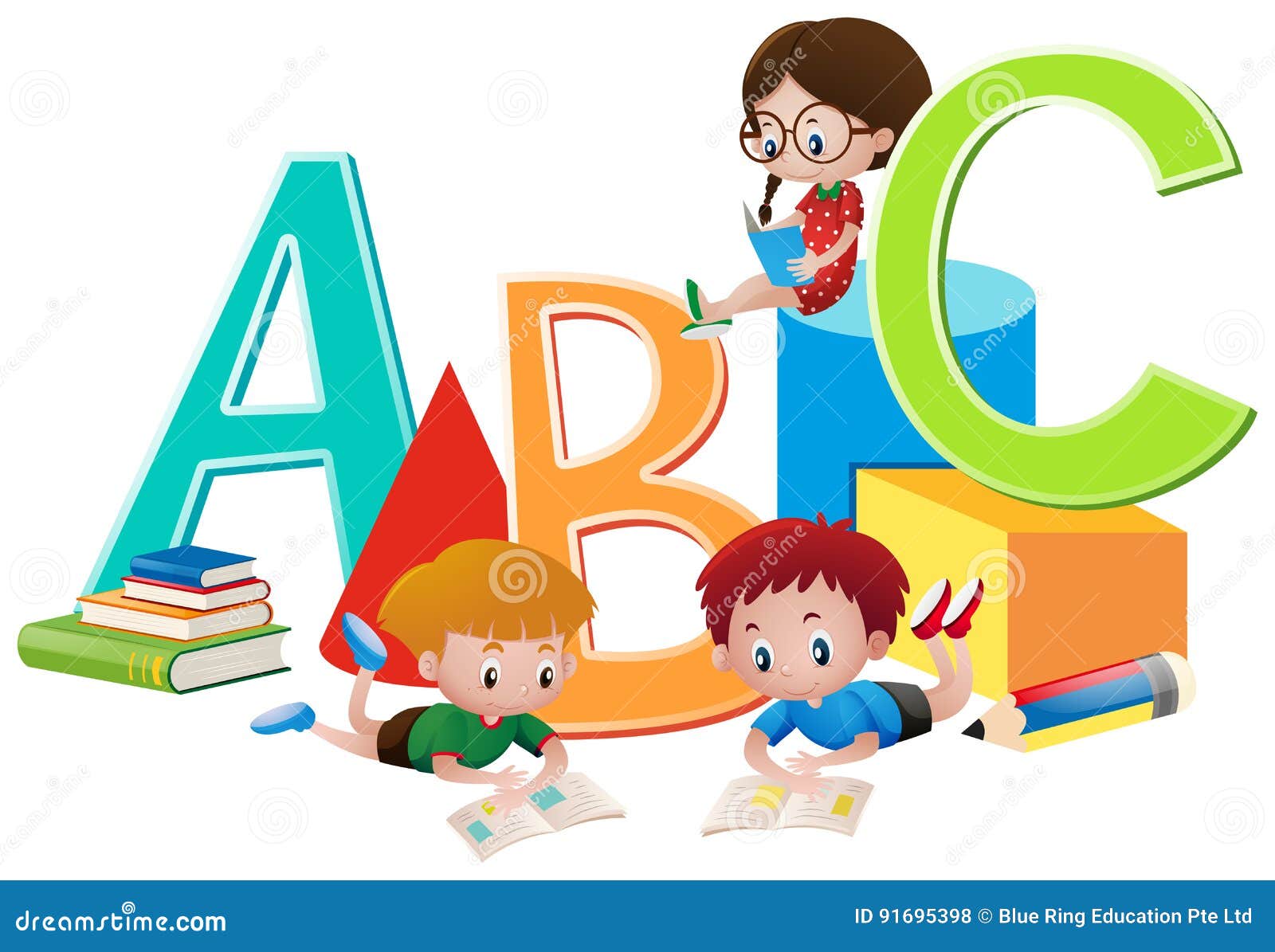 Three kids reading books stock vector. Illustration of character - 91695398