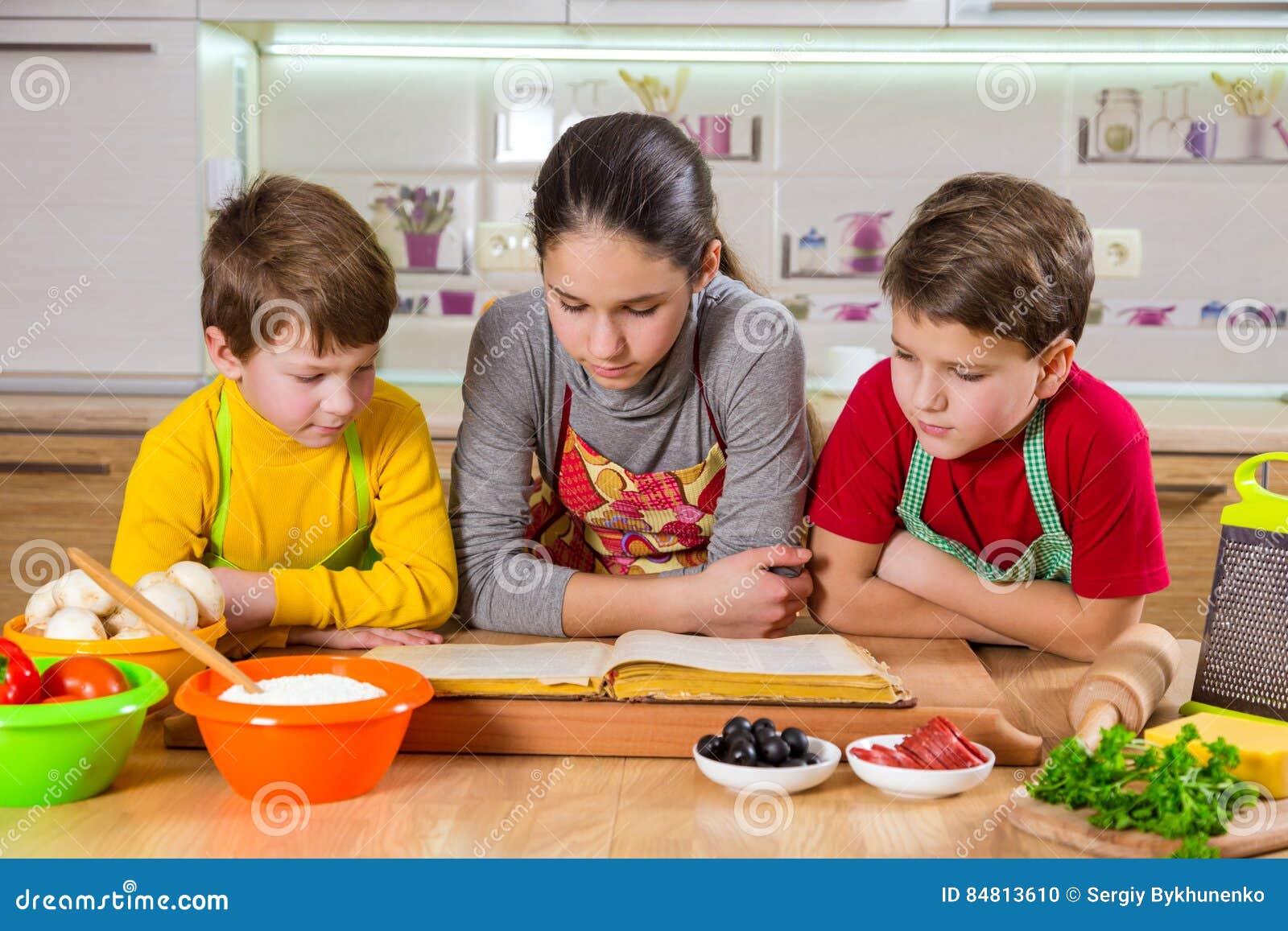 Three Kids Reading the Cook Book Stock Photo - Image of girl, caucasian ...