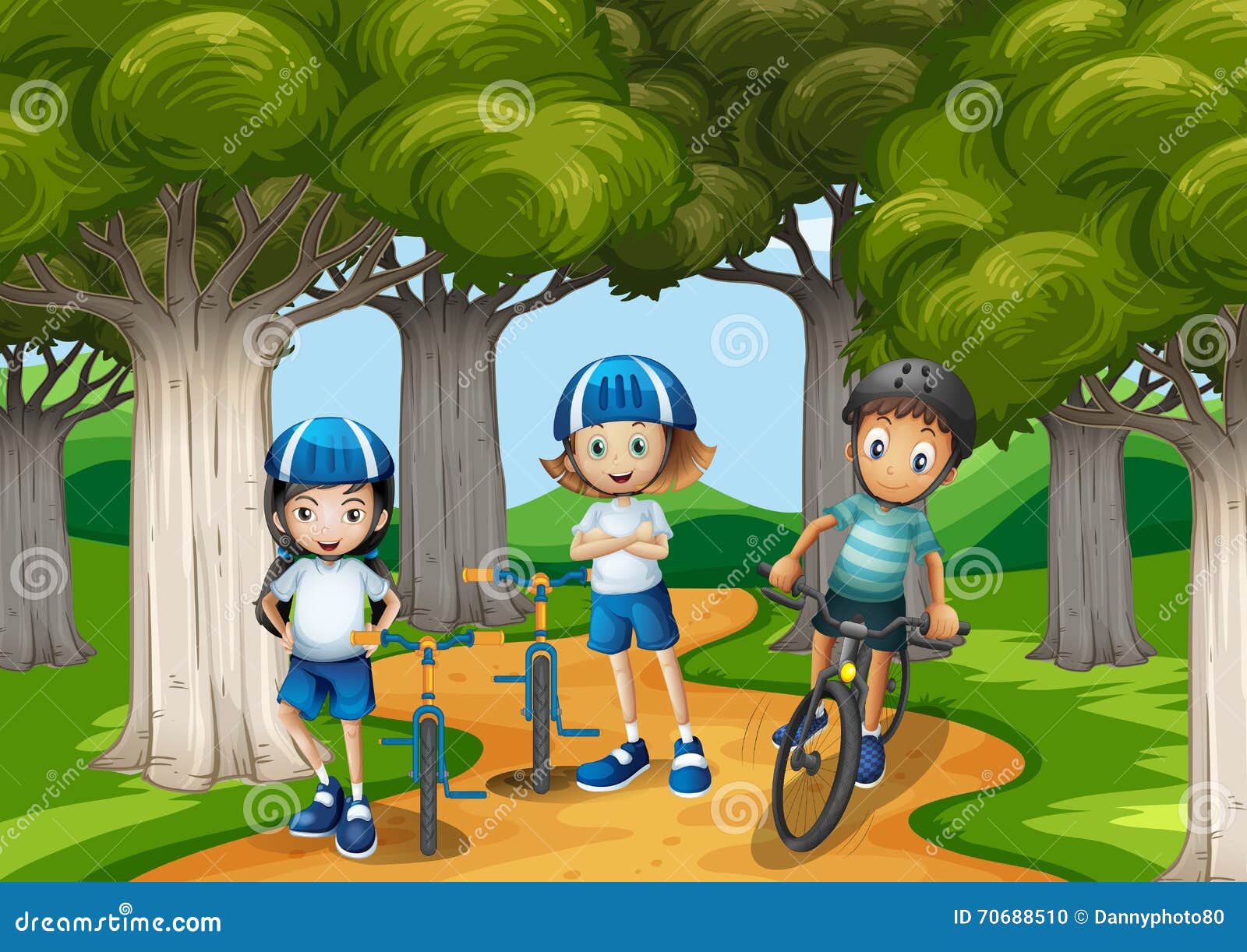 Three Kids Riding Bike in the Park Stock Vector - Illustration of ...