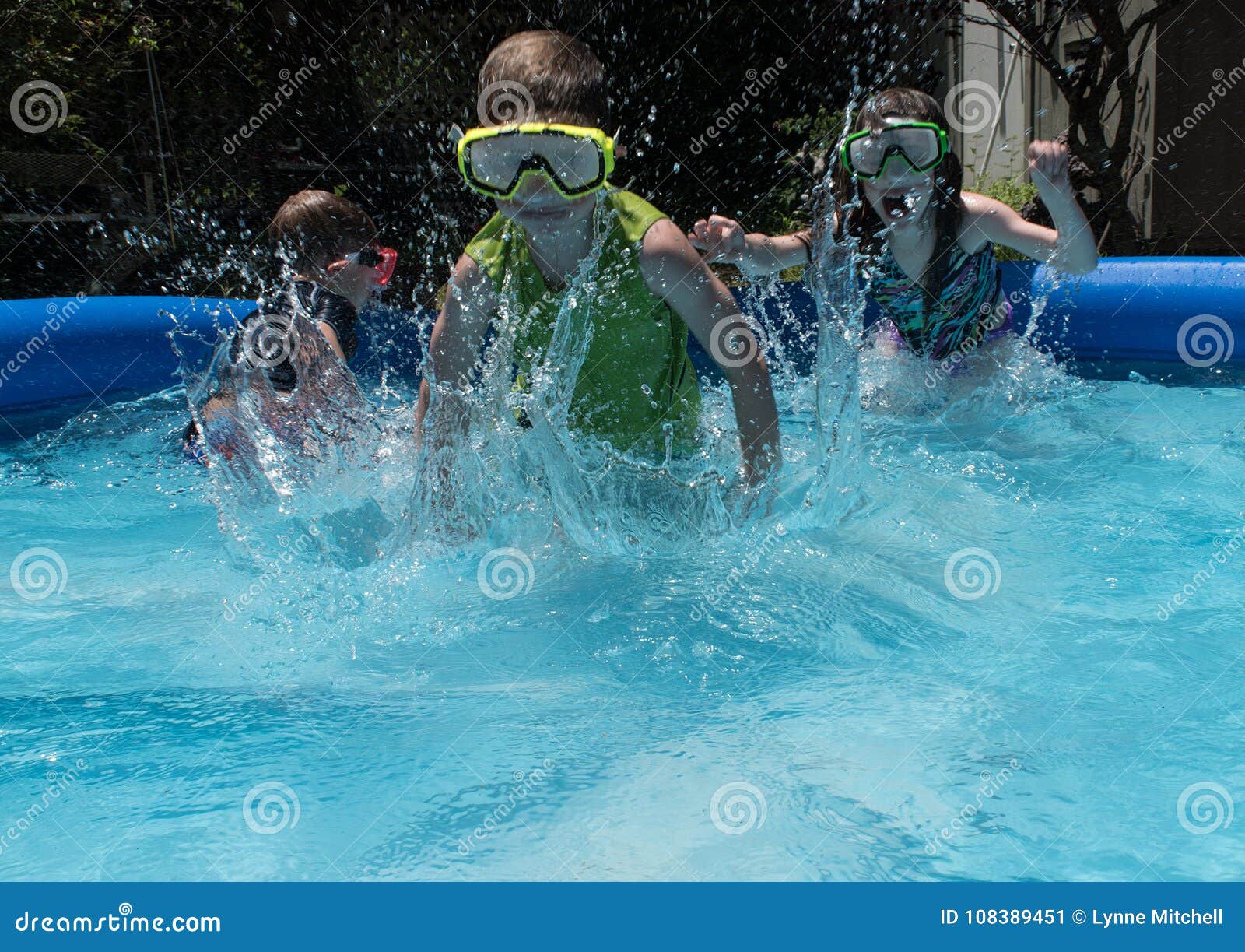 Three Kids Running Forward in Pool Making Waves Stock Image - Image of ...