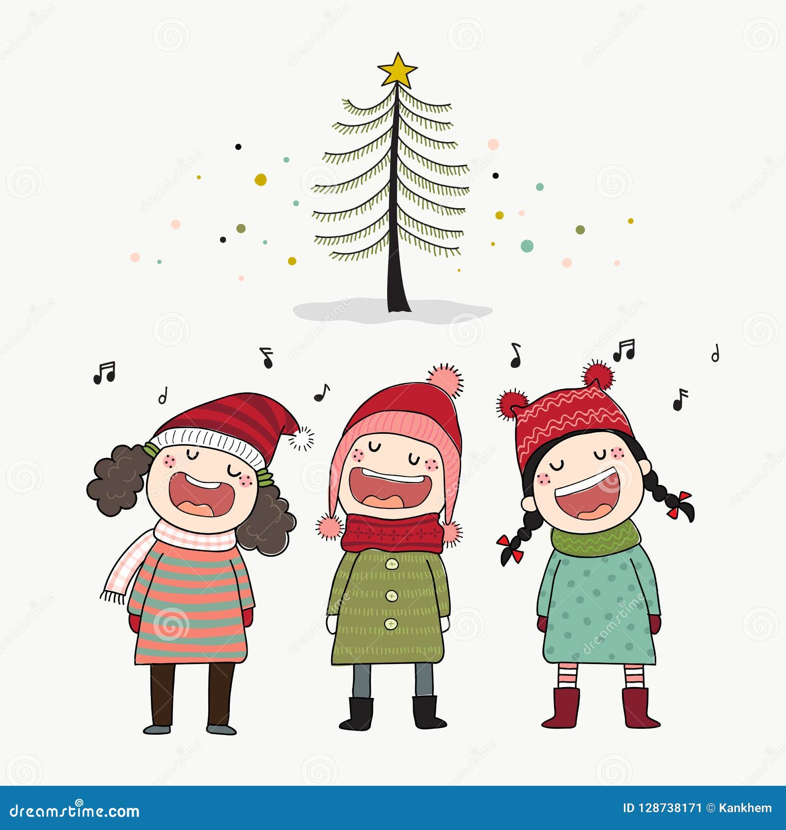 Three Kids Singing Christmas Caroling With Pine Tree. Cartoon Vector ...