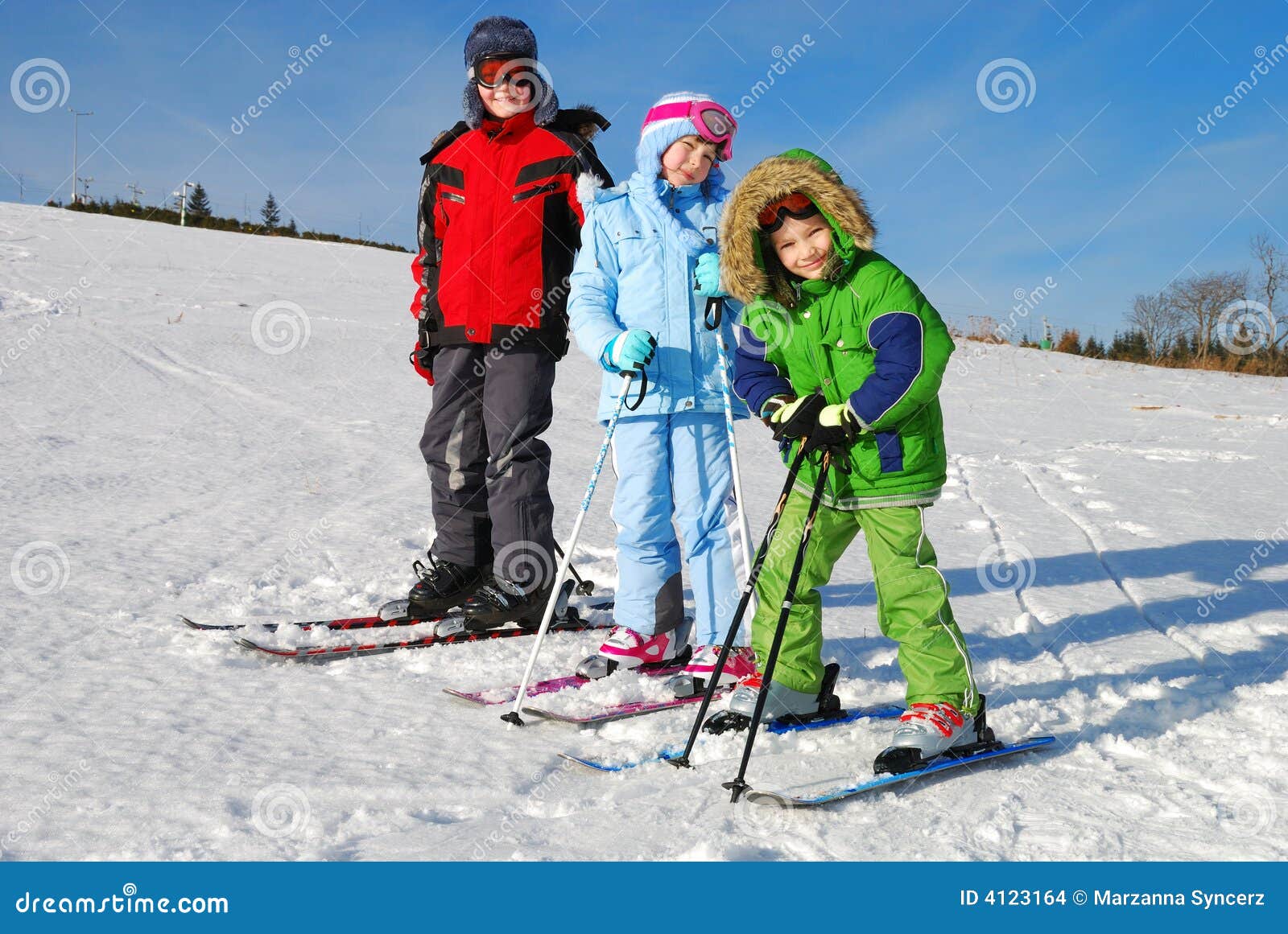 Three Kids on Skis stock photo. Image of blue, hill, brothers - 4123164