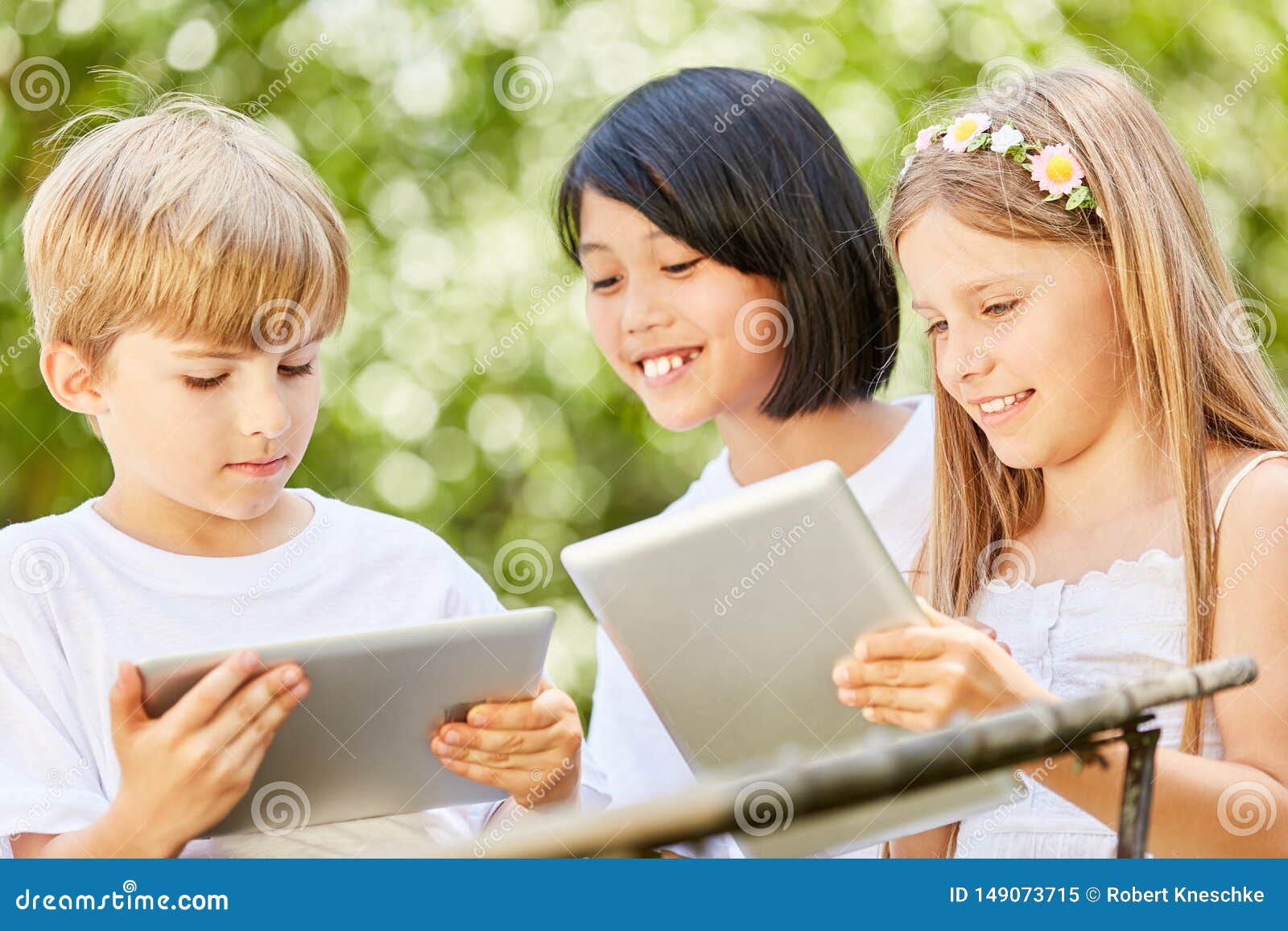 Three Kids with Tablet Computer Learn Together Stock Image - Image of ...