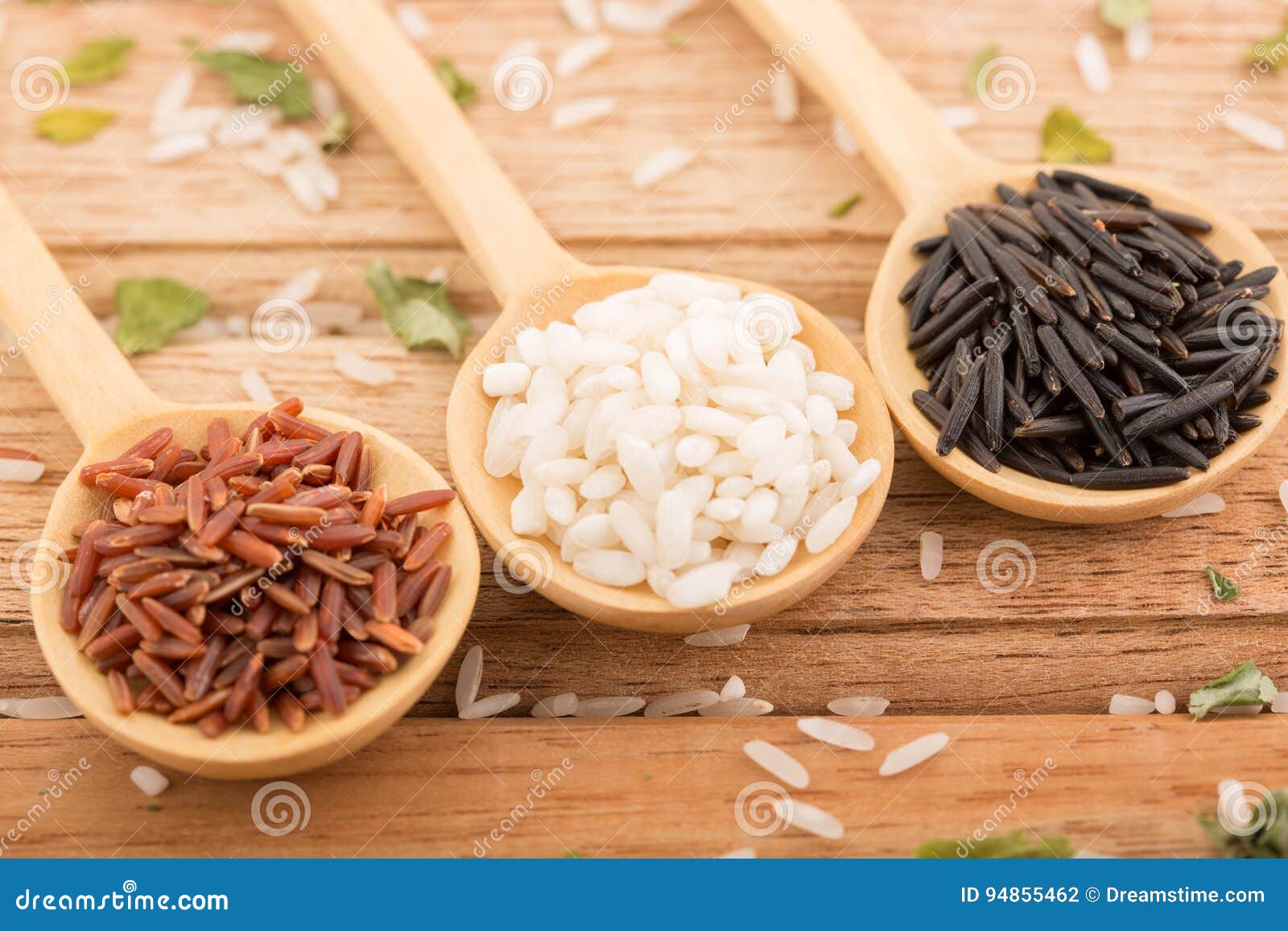 Three Kinds of Rice in Wood Spoons Stock Photo - Image of wild, kinds ...