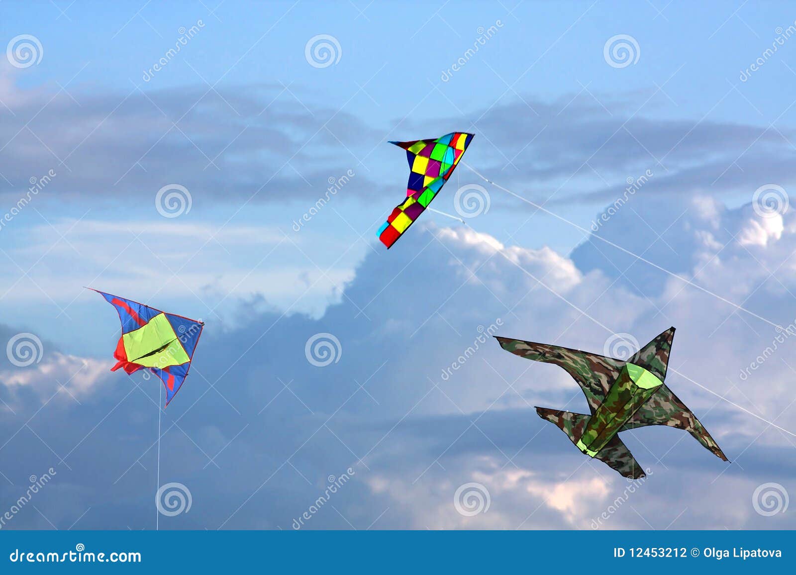 Three kites in sky stock photo. Image of motion, high - 12453212