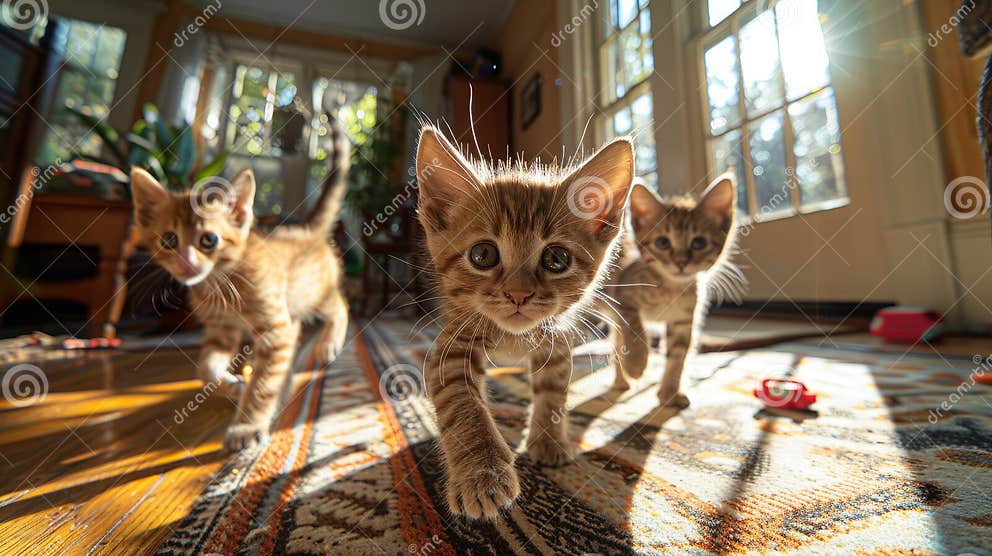 Three Kittens Playing Indoors Stock Image - Image of portrait, innocence: 356365293