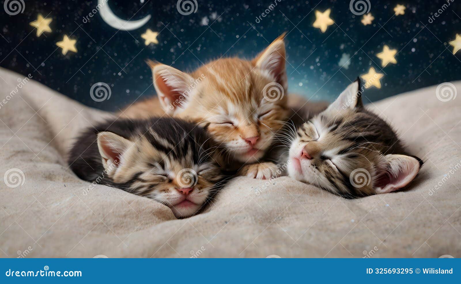 Three Kittens Sleeping Under a Starry Night Stock Illustration ...