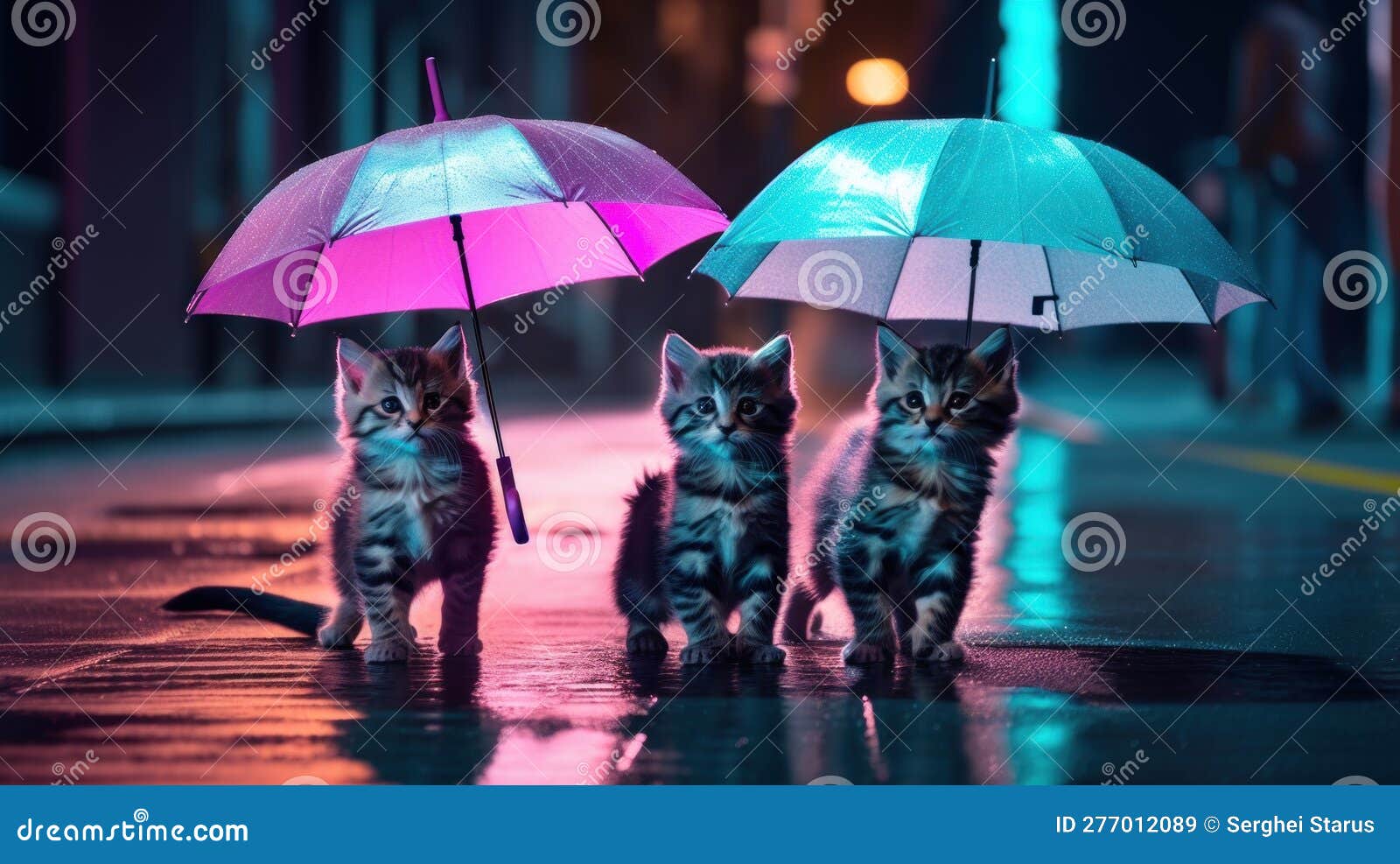Three Kittens are Standing Under Umbrellas in the Rain. AI Generative ...