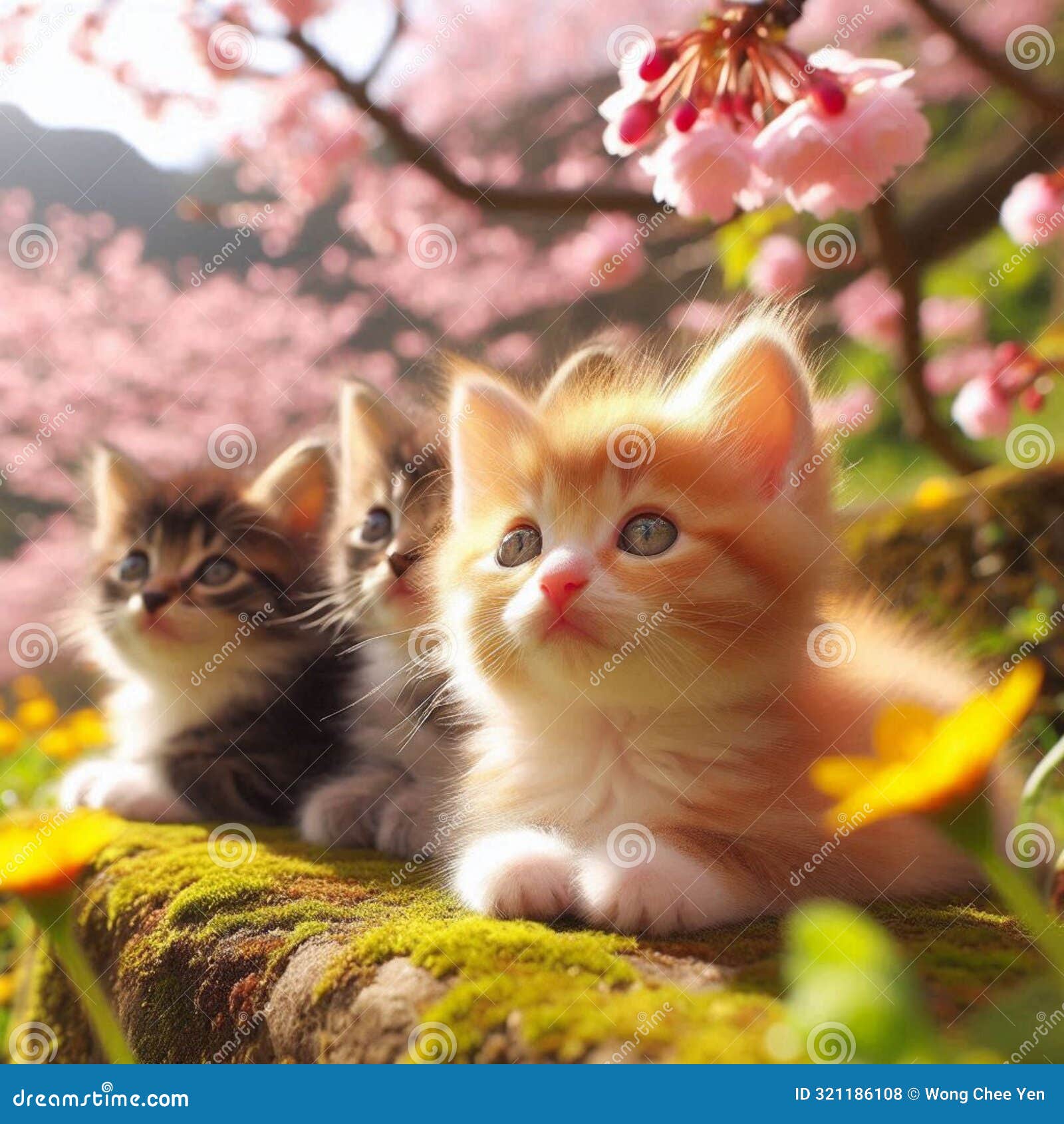 Three Kittens in Sunshine with Cherry Blossoms Trees Stock Photo ...