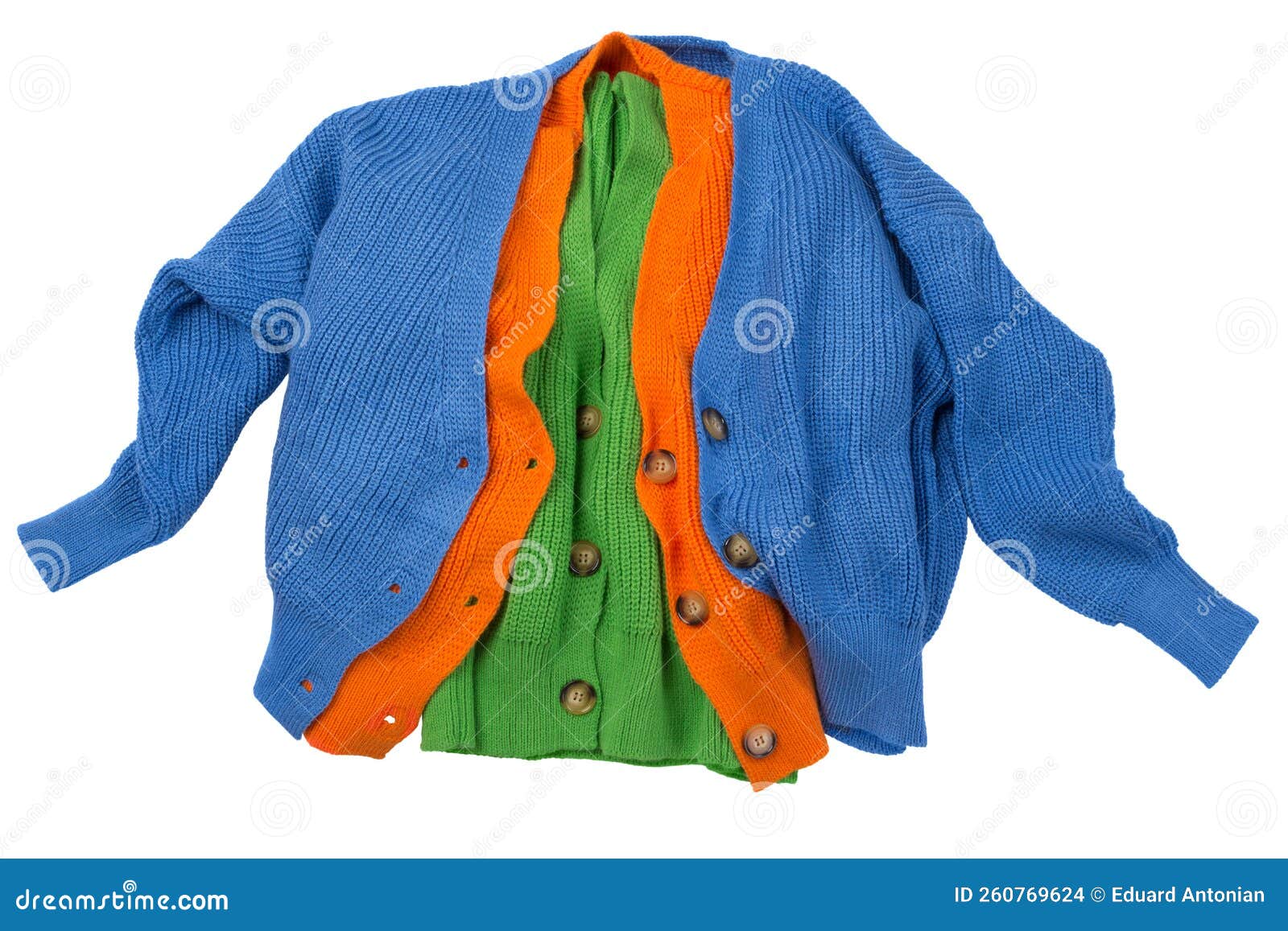Three Knitted Sweaters, Blue, Orange and Green, Worn One on Top of the ...